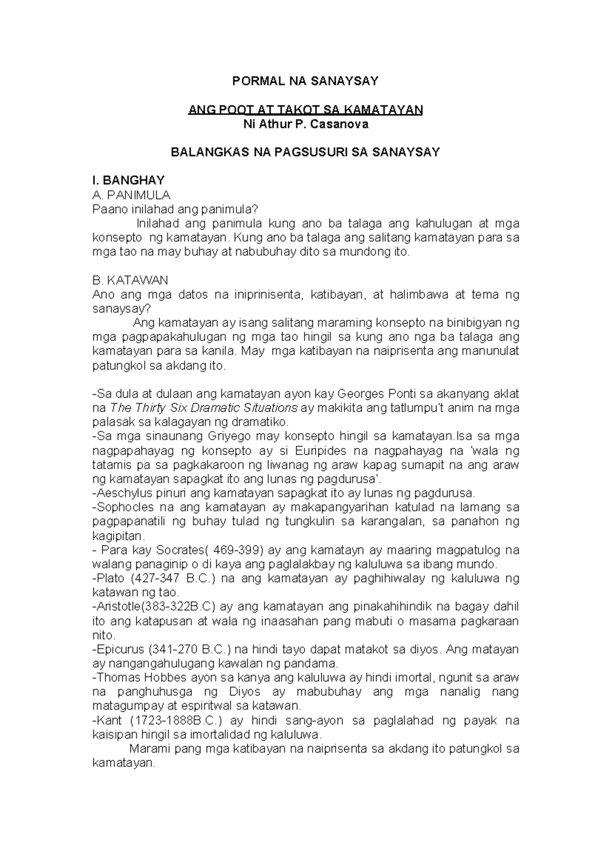 Pormal NA Sanaysay - PORMAL NA SANAYSAY ANG POOT AT TAKOT SA KAMATAYAN ...