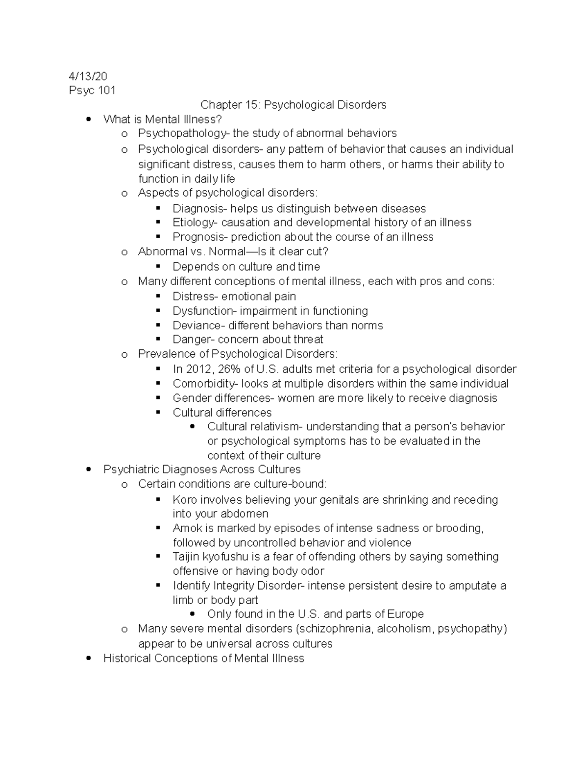 Chapter 15 Notes - 4/13/ Psyc 101 Chapter 15: Psychological Disorders ...