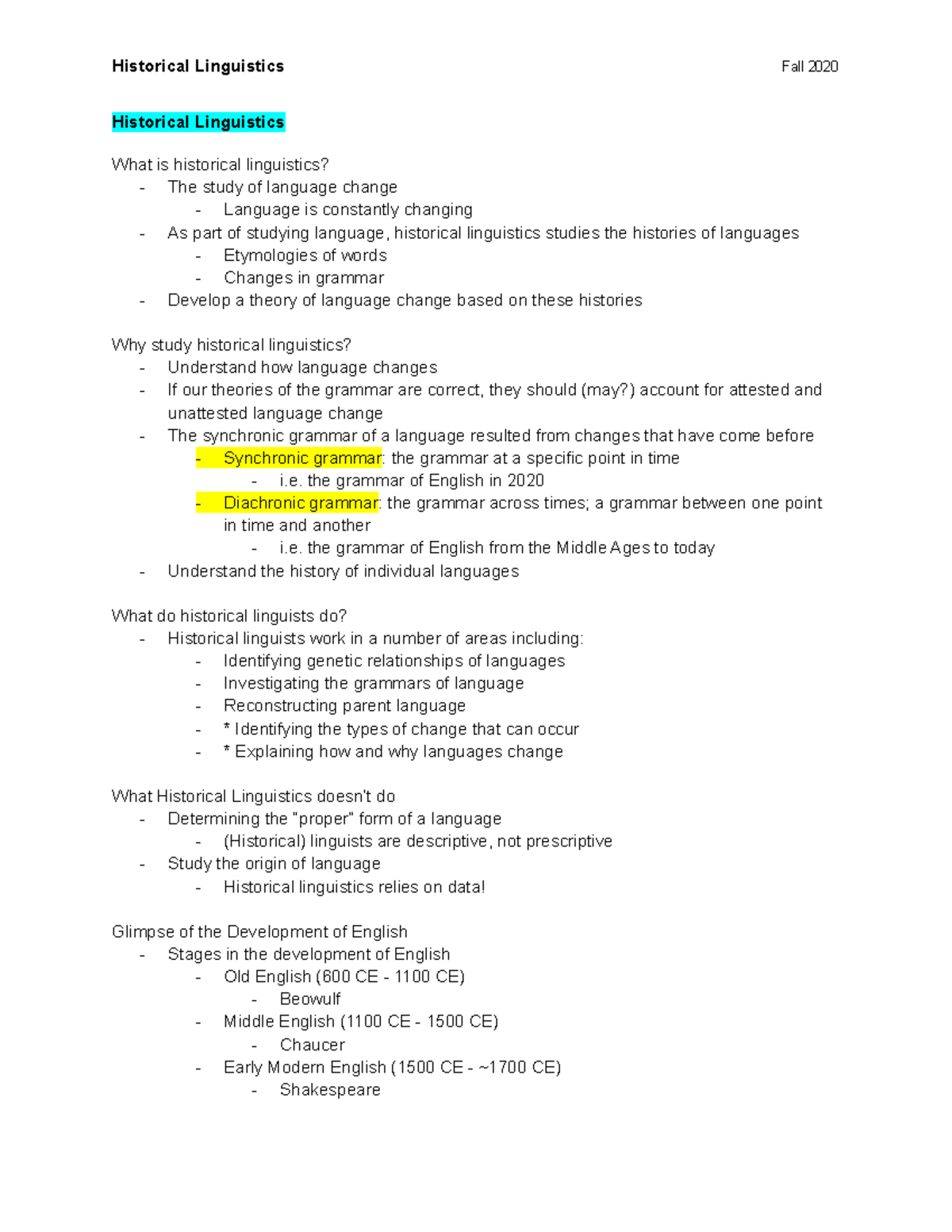 Historical Linguistics Notes - Historical Linguistics What is ...