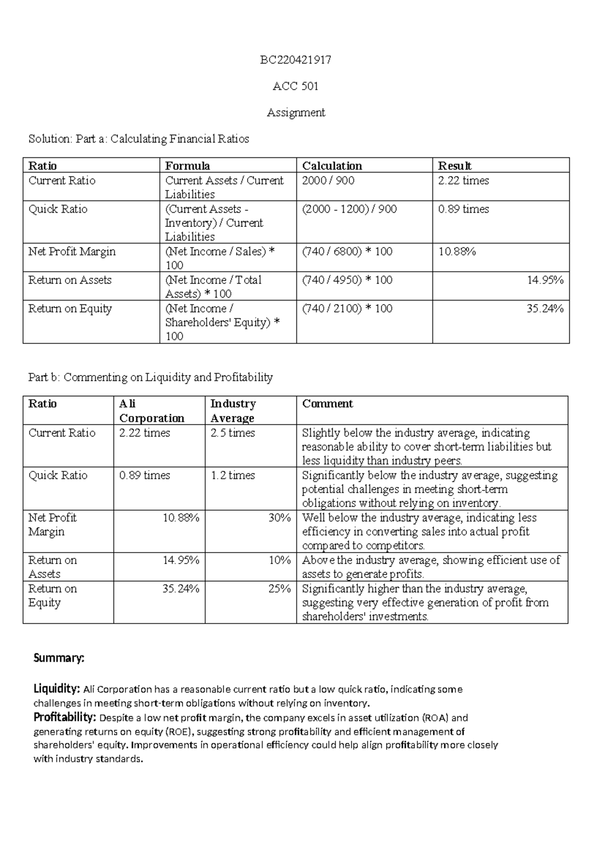 BC220421917 - BC ACC 501 Assignment Solution: Part a: Calculating ...