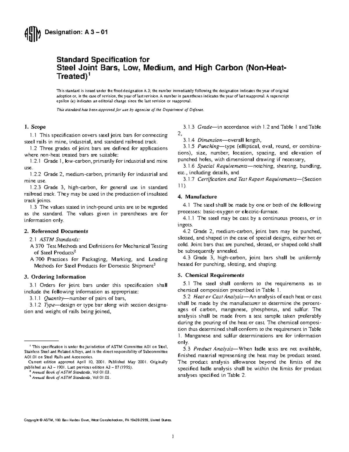 Norma ASTM A-003 - Designation: A 3 – 01 Standard Specification for ...