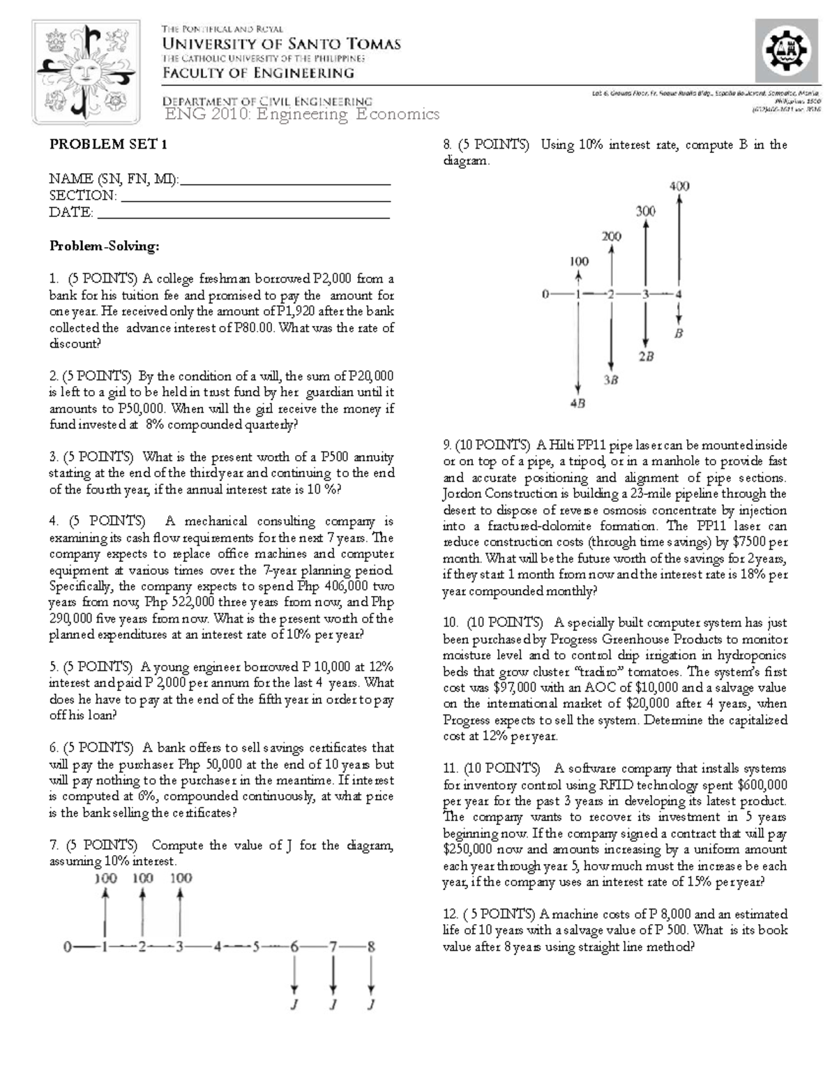 Eng2010 Problem Set 1 - Eng Econ - ENG 2010: Engineering Economics PROBLEM SET 1 NAME (SN, FN ...