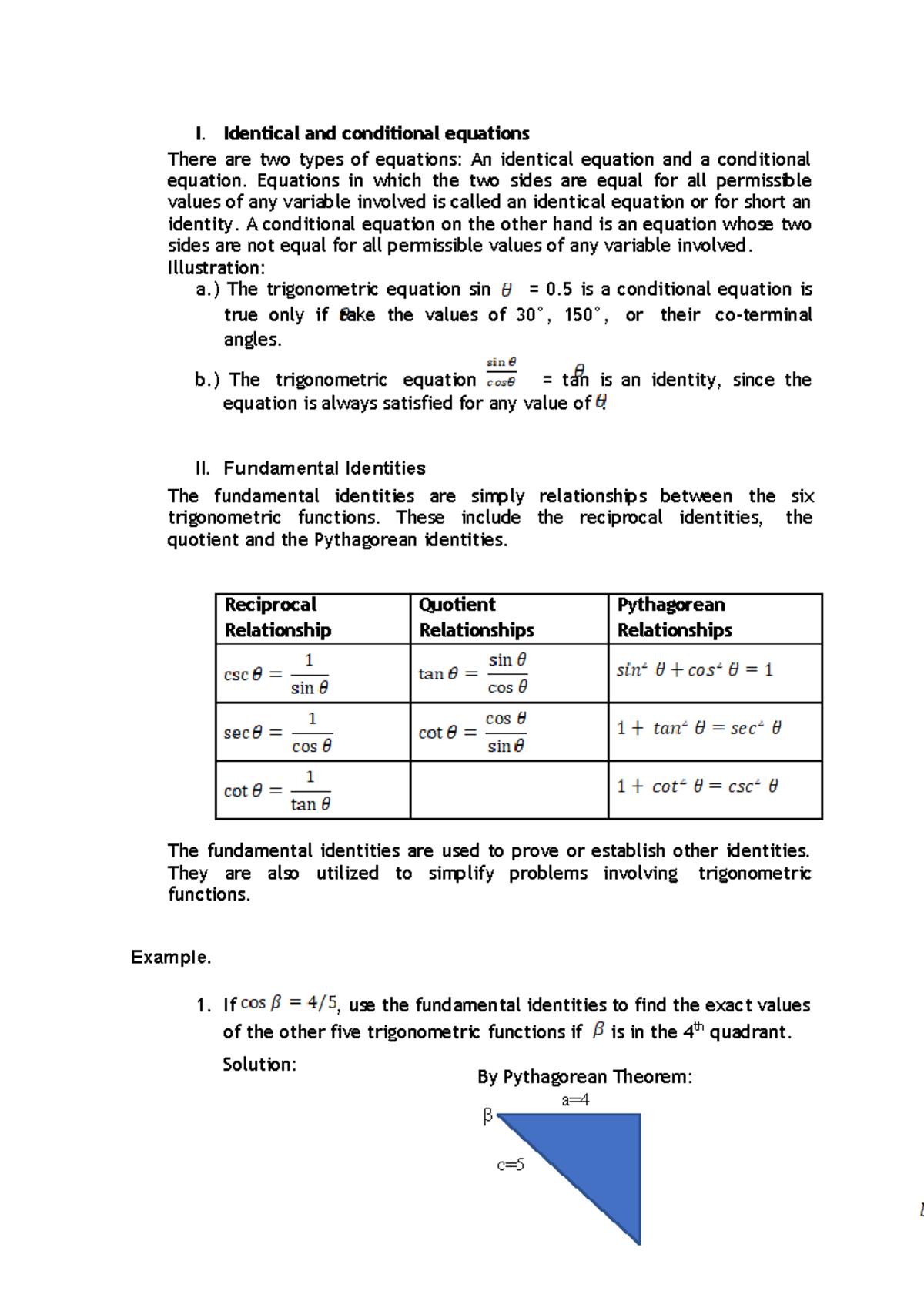 Trigonometric Formulas AND Identities - c= I. Identical and conditional ...