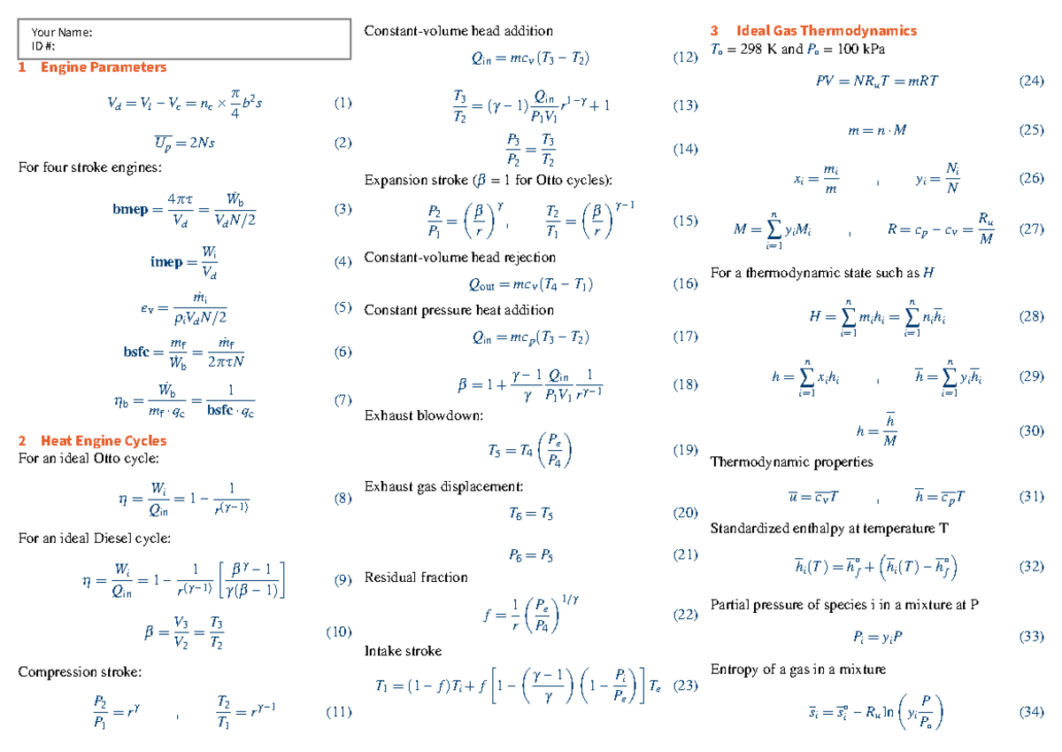 Combustion Formula Sheet Final - Your Name: ID #: 1 Engine Parameters V ...