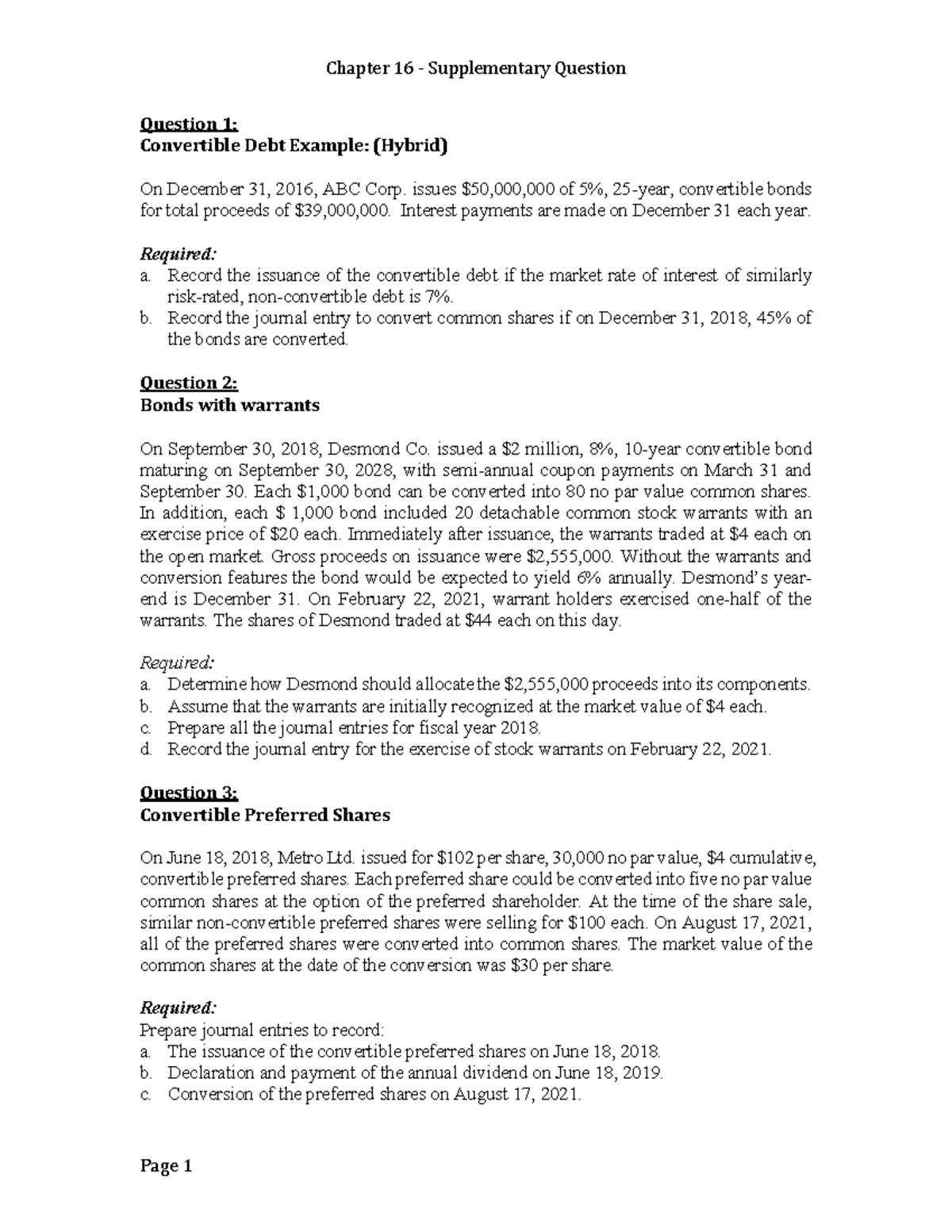 Chapter 16 Supplementary Questions Chapter 16 Supplementary Question Page 1 Question 1