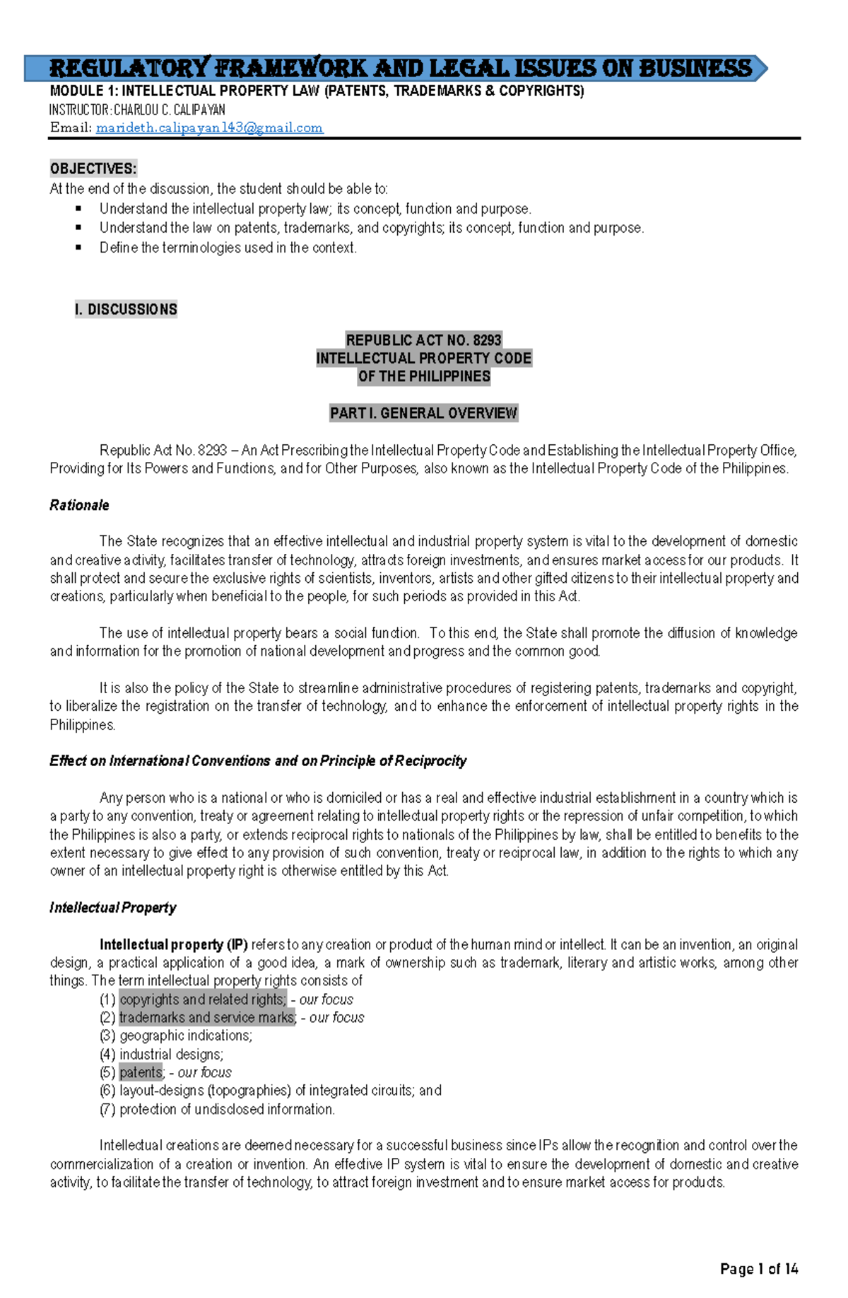 Law 3. Module 1 - Part 2. Intellectual Property Law - MODULE 1 ...