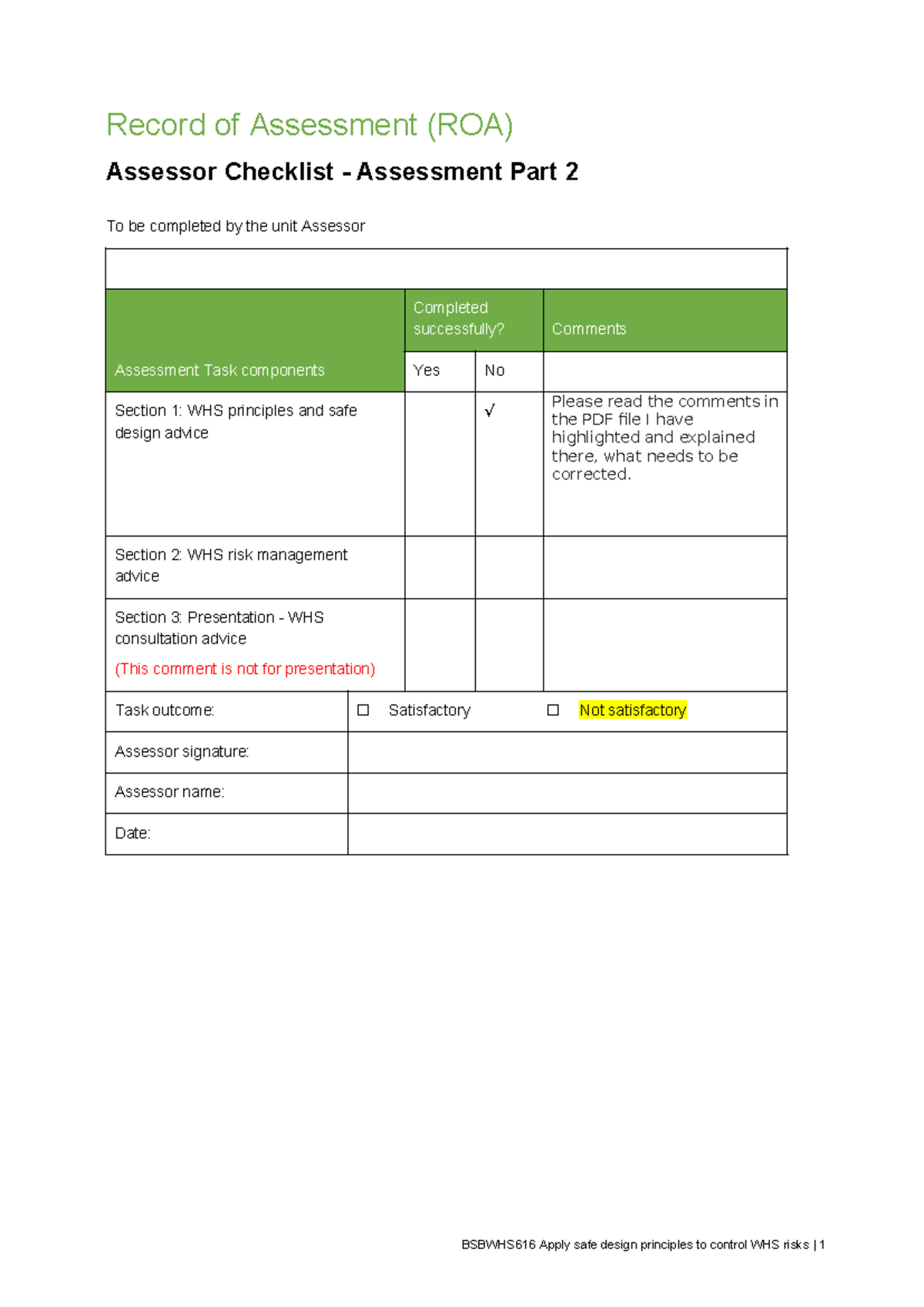 ROA Task 2 NS - XXX - Record of Assessment (ROA) Assessor Checklist ...