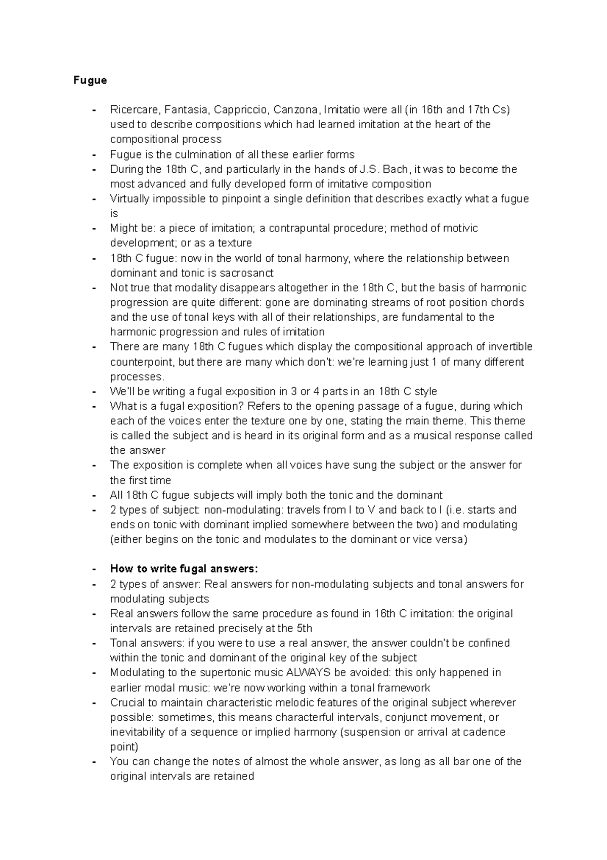 Counterpoint Lecture 4 - Notes - Fugal Answers - Fugue - Ricercare ...