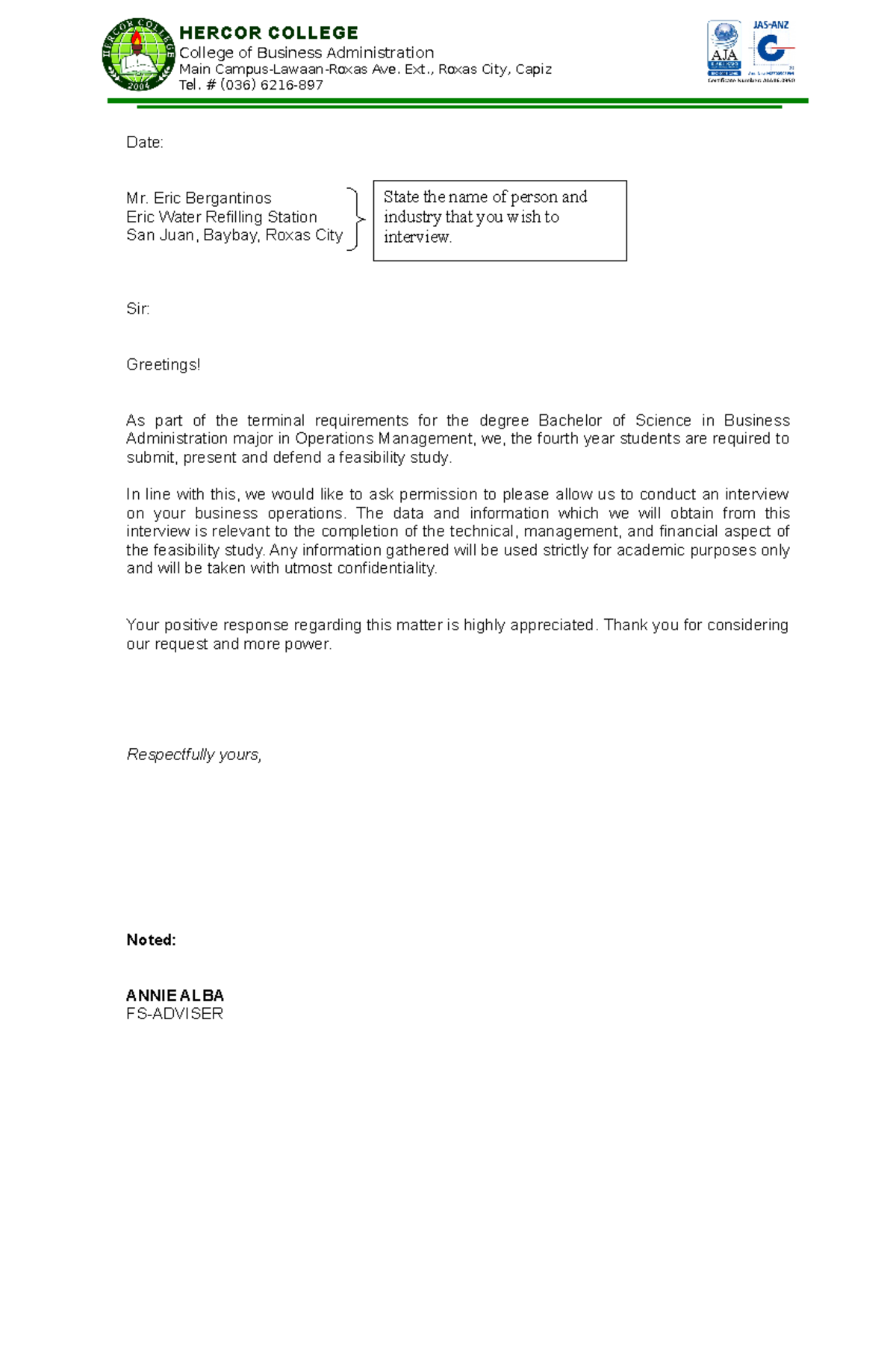 Survey-questionnaire-letter - HERCOR COLLEGE College of Business ...