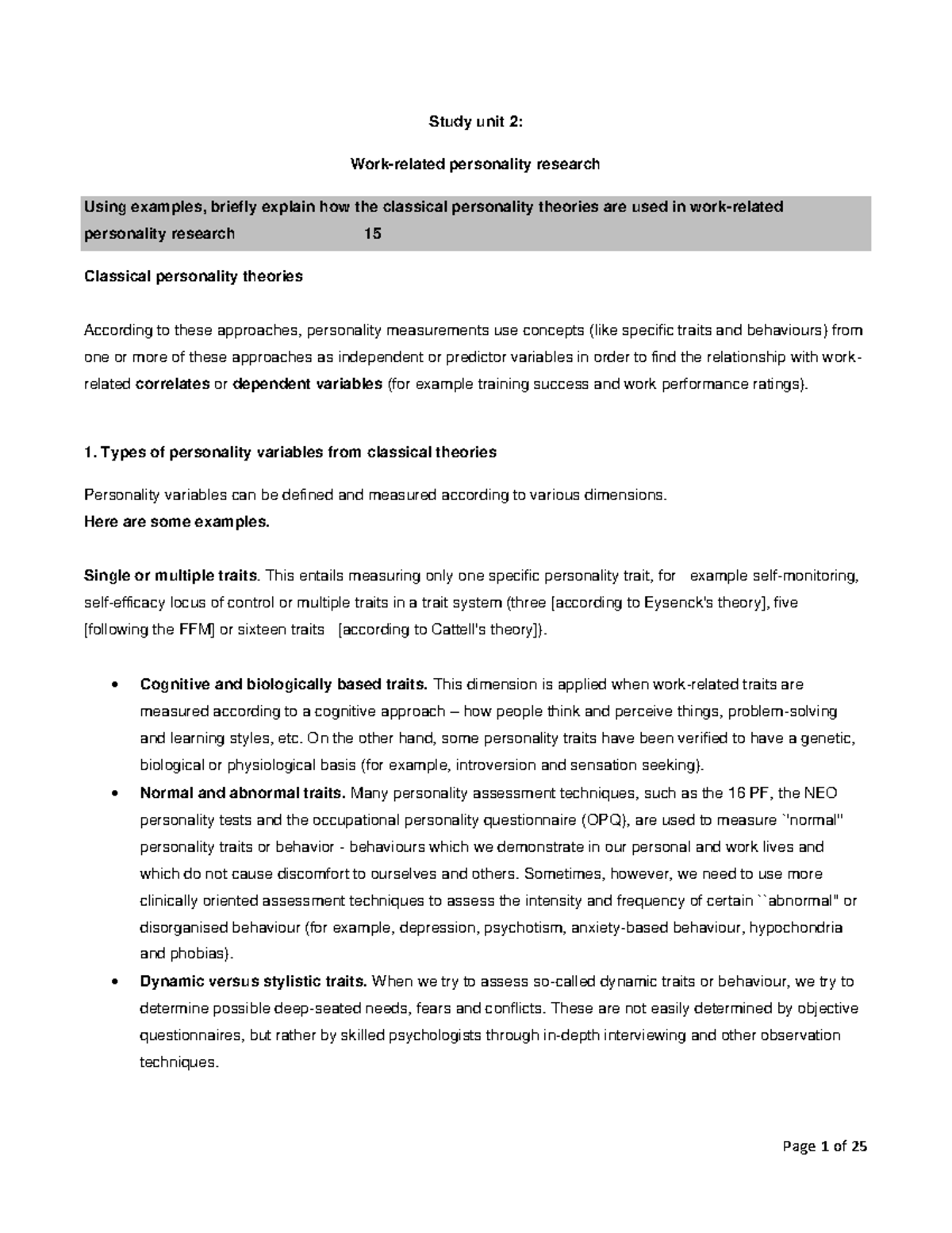 IOP2606 SU 2 Notes - Study unit 2: Work-related personality research ...