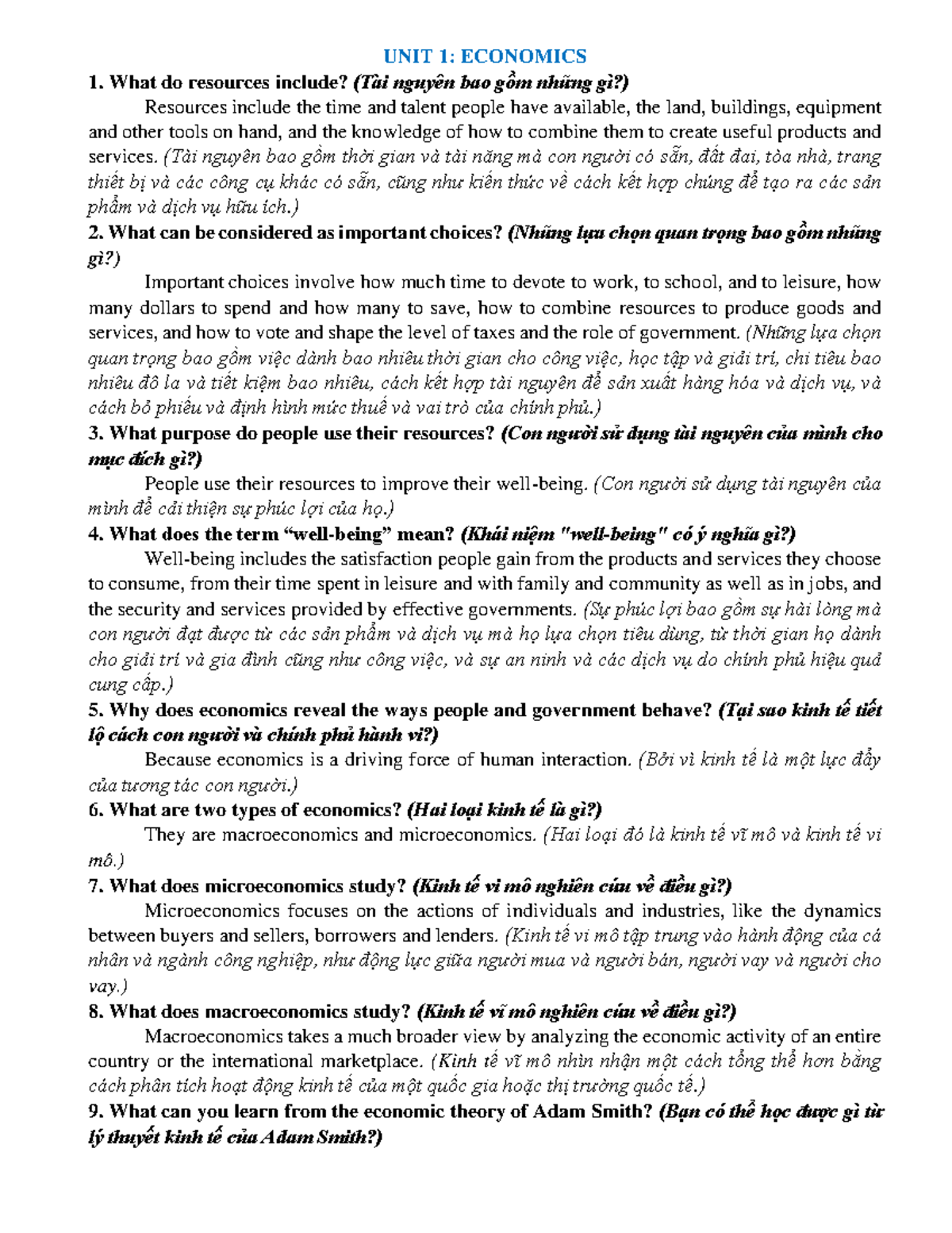 Answer - giải và dịch câu hỏi tacn1 - UNIT 1: ECONOMICS What do ...