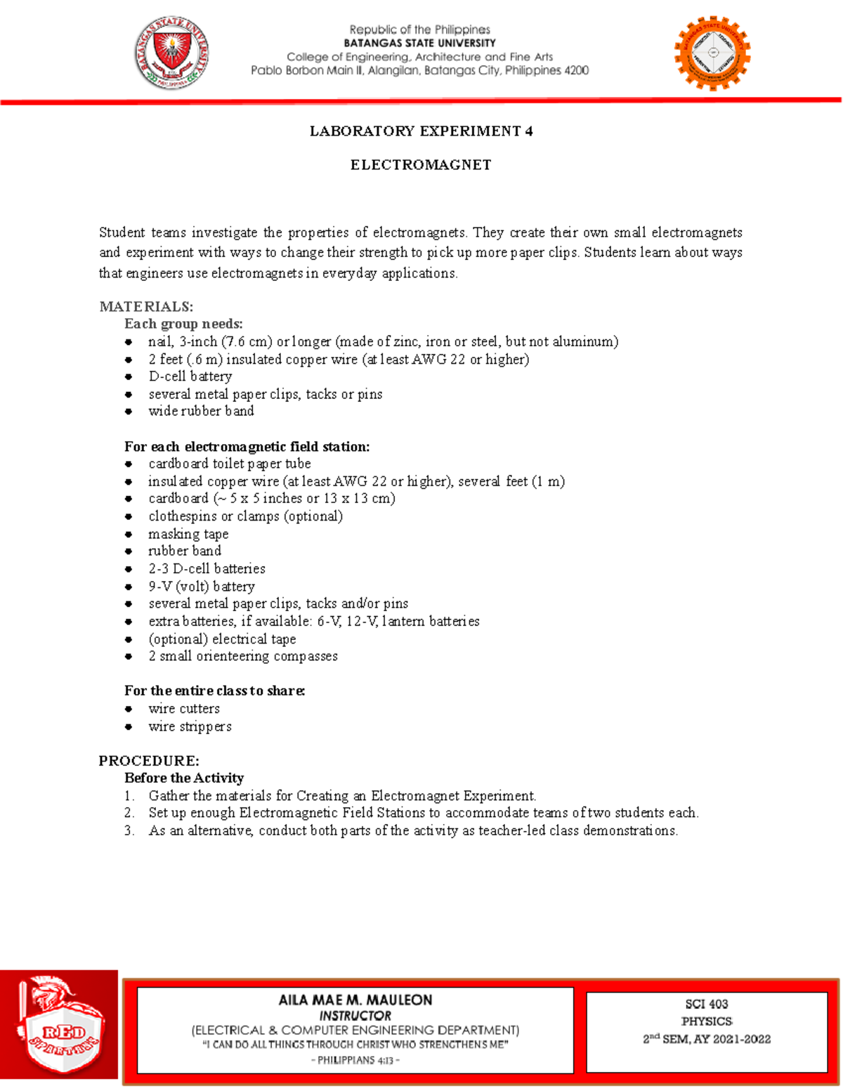 Group 4 Laboratory- Experiment-4- Electromagnet - LABORATORY EXPERIMENT ...
