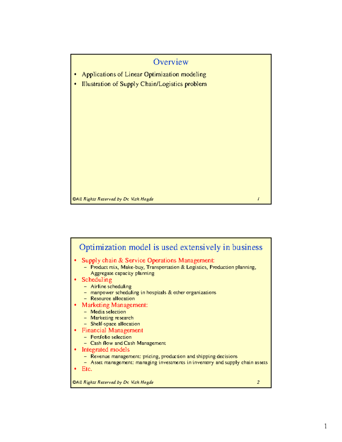Ch13 Lecture Part 2 Handout - Overview Applications of Linear Optimization modeling Illustration ...