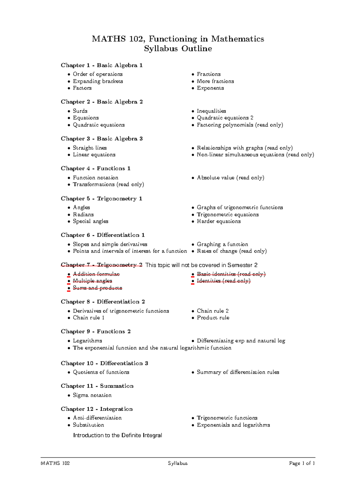 UoA Maths 102 Semester 1 2021 Syllabus - MATHS 102, Functioning in ...