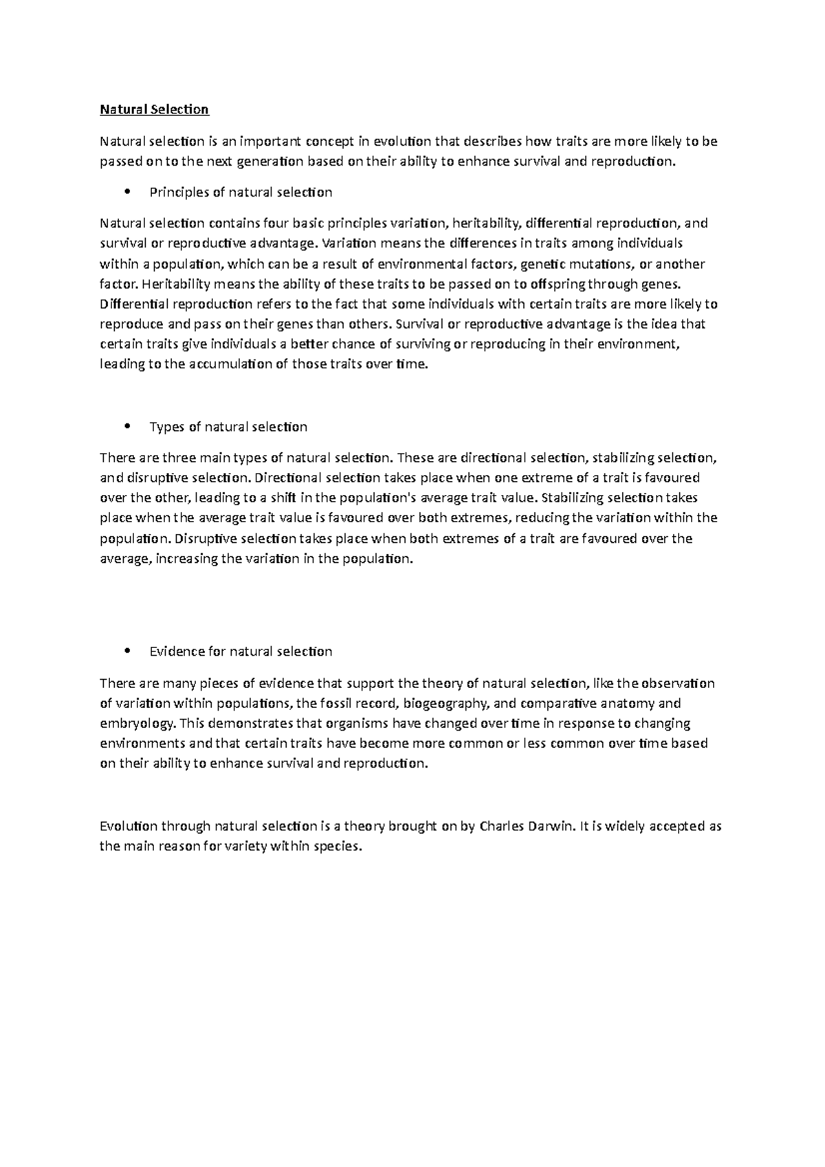 Natural Selection - Natural Selection Natural selection is an important ...