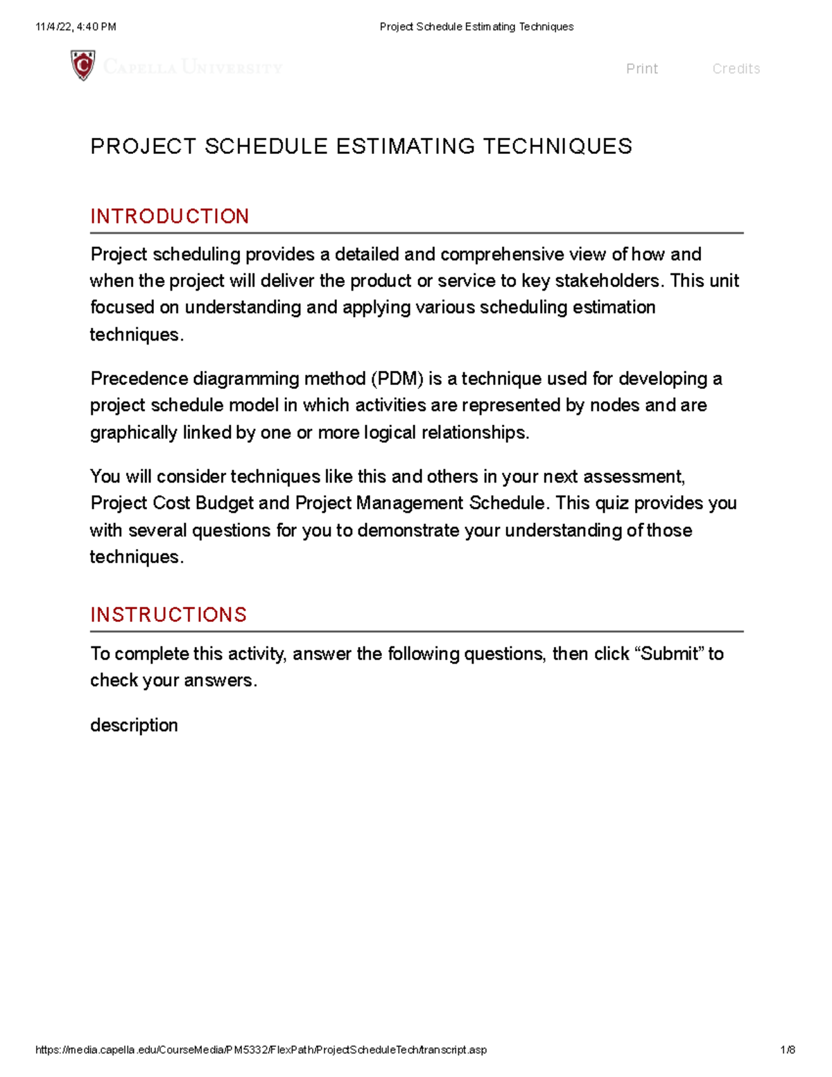 Activity Project Schedule Estimating Techniques - Transcript - Print ...