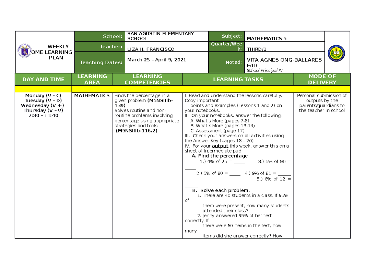3rd WHLP-Math5-Q3W2 - N/A - WEEKLY HOME LEARNING PLAN School: SAN ...