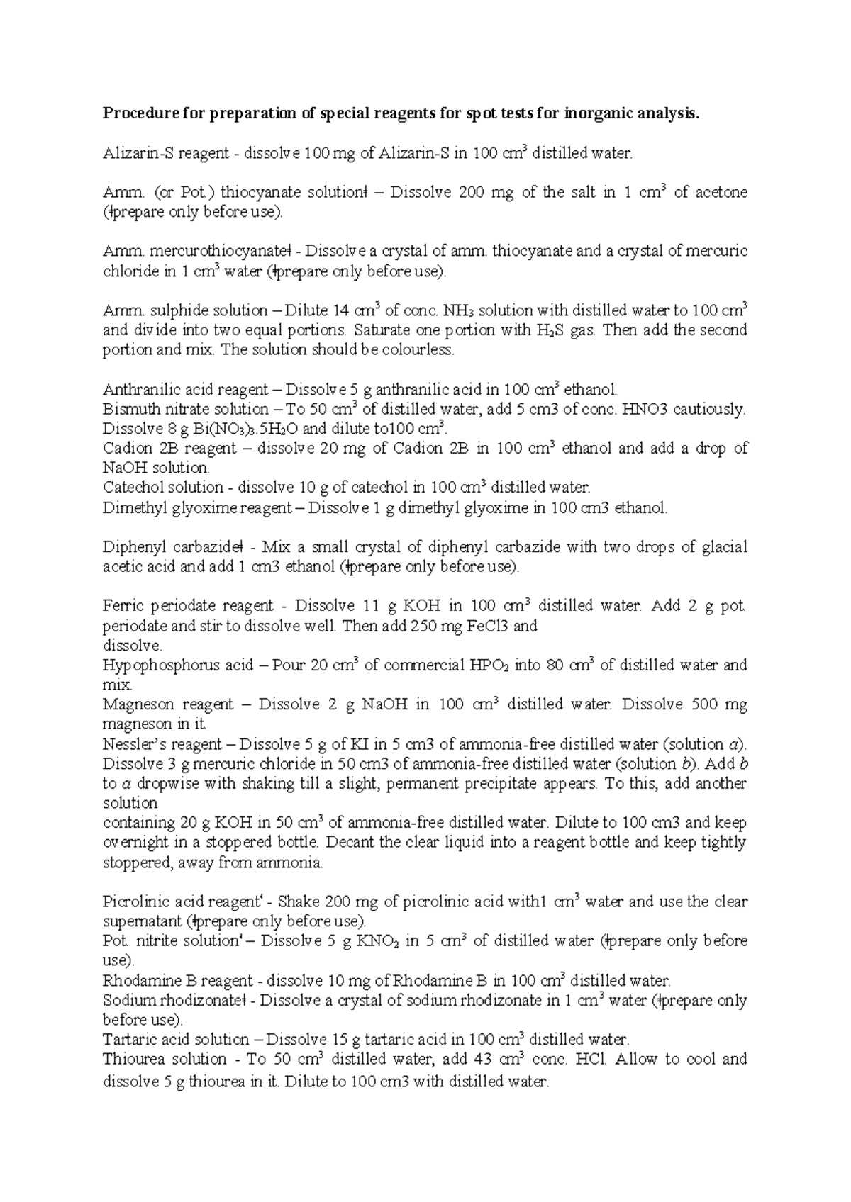 Procedure for spot reagent - Procedure for preparation of special ...