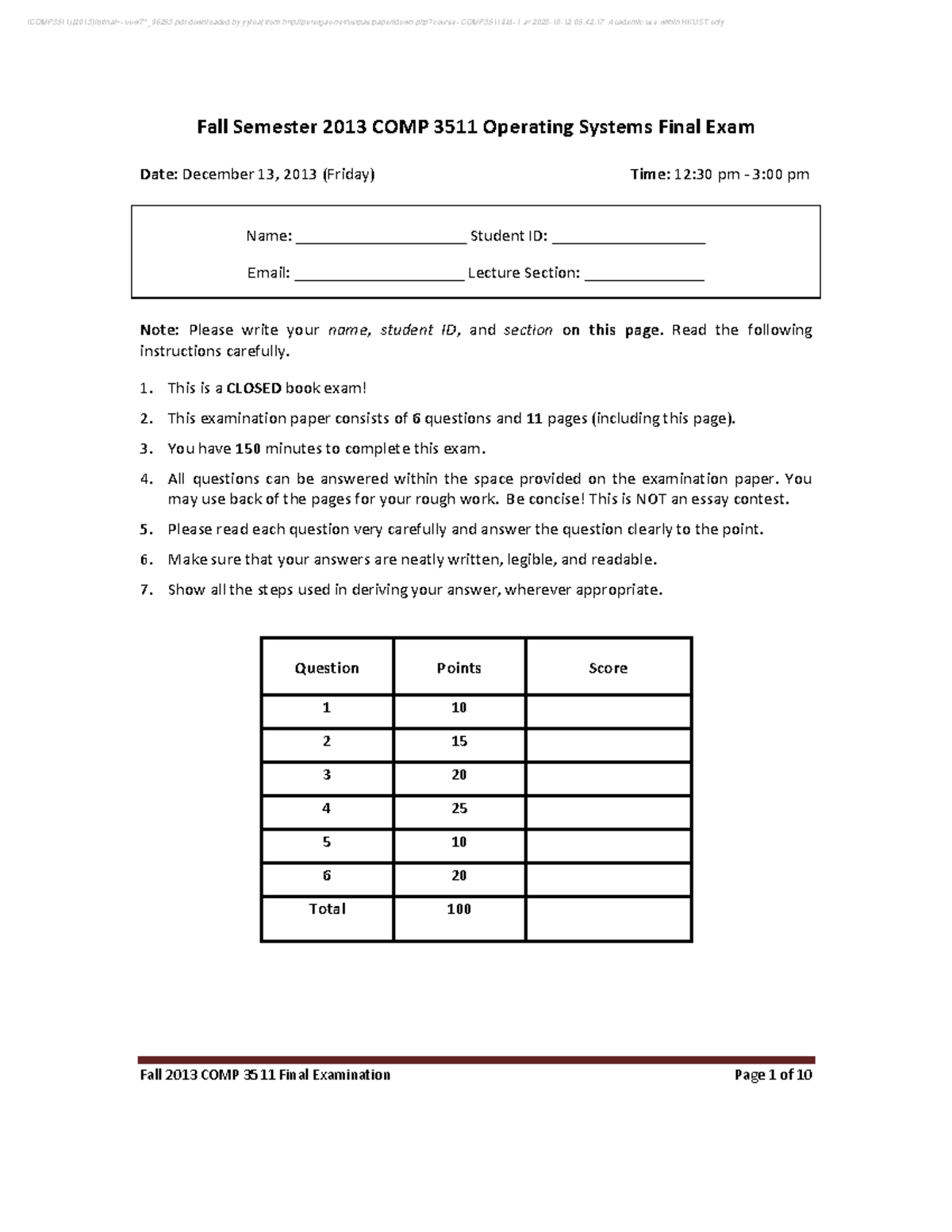 (COMP3511)[2013 ](f)final =uuw7^ 96253 - Fall Semester 2013 COMP 3511 ...