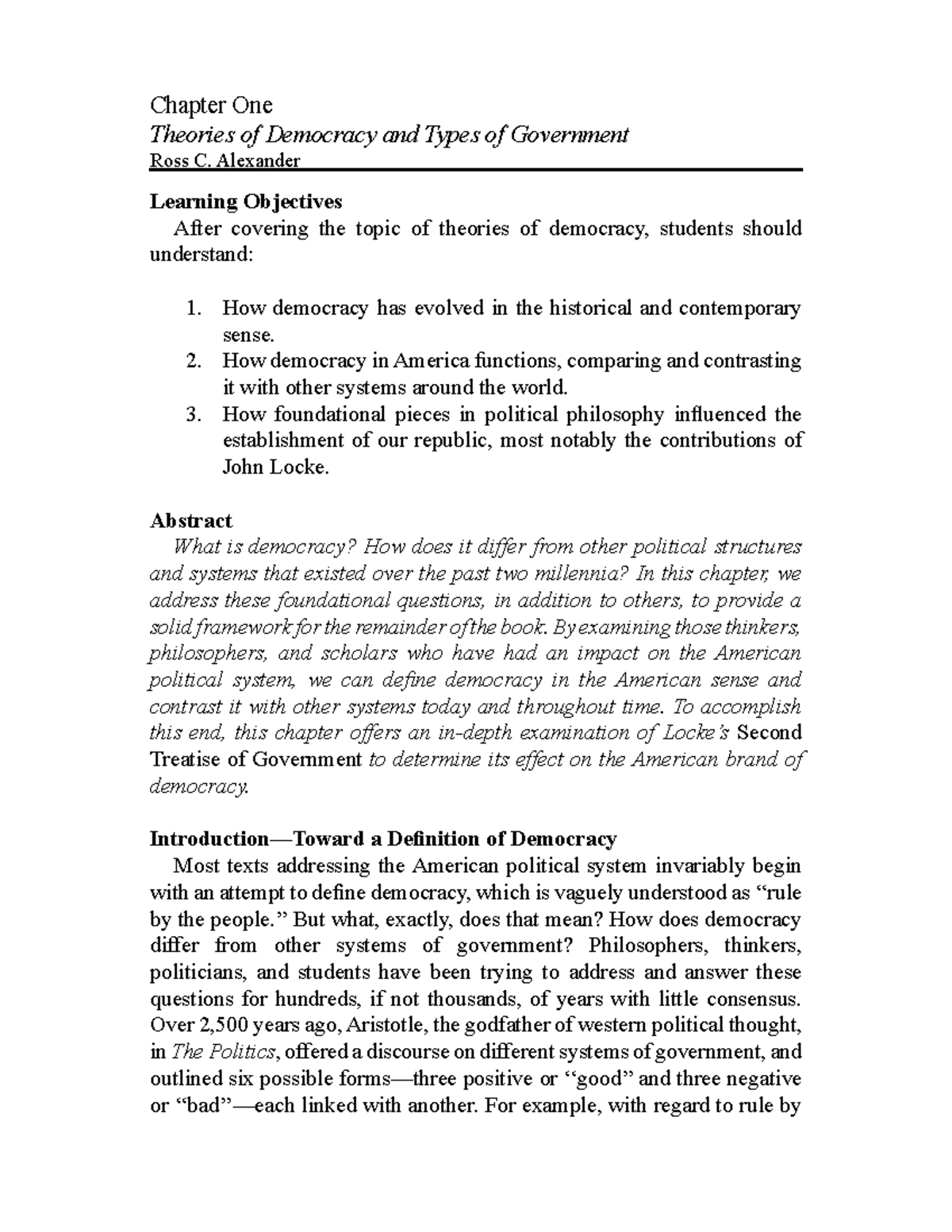 Textbook Chapter 1 - Chapter One Theories of Democracy and Types of ...