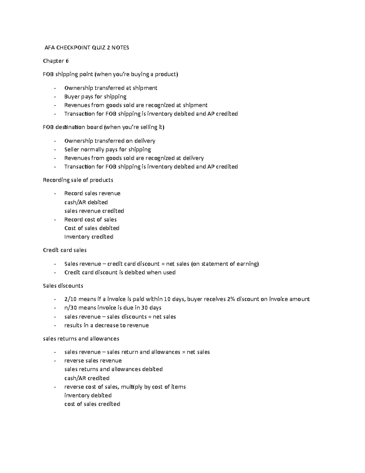 AFA Checkpoint QUIZ 2 Notes - AFA 100 - Toronto Met - Studocu