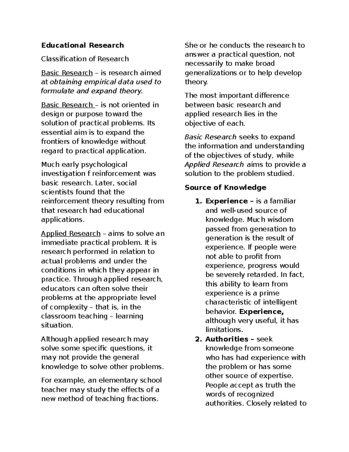 Educational Research - Educational Research Classification of Research ...