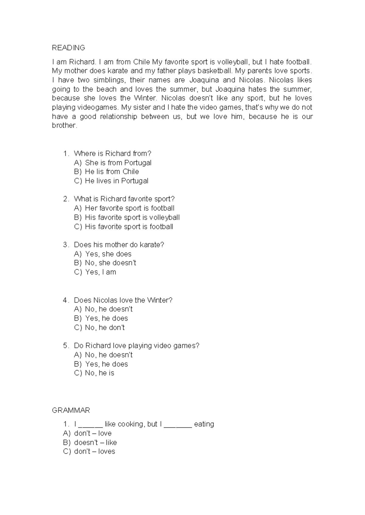 Wilder Examen Junior - READING I am Richard. I am from Chile My ...