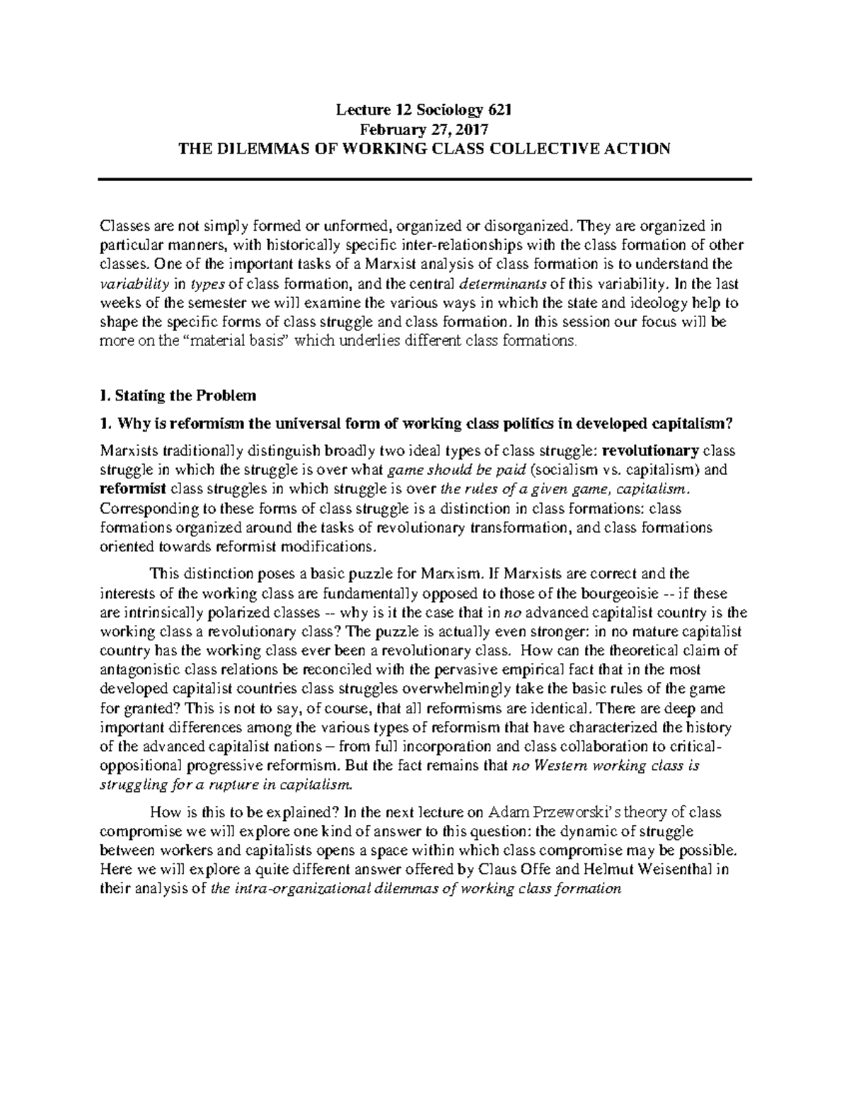 THE Dilemmas OF Working Class Collective Action - Lecture 12 Sociology ...