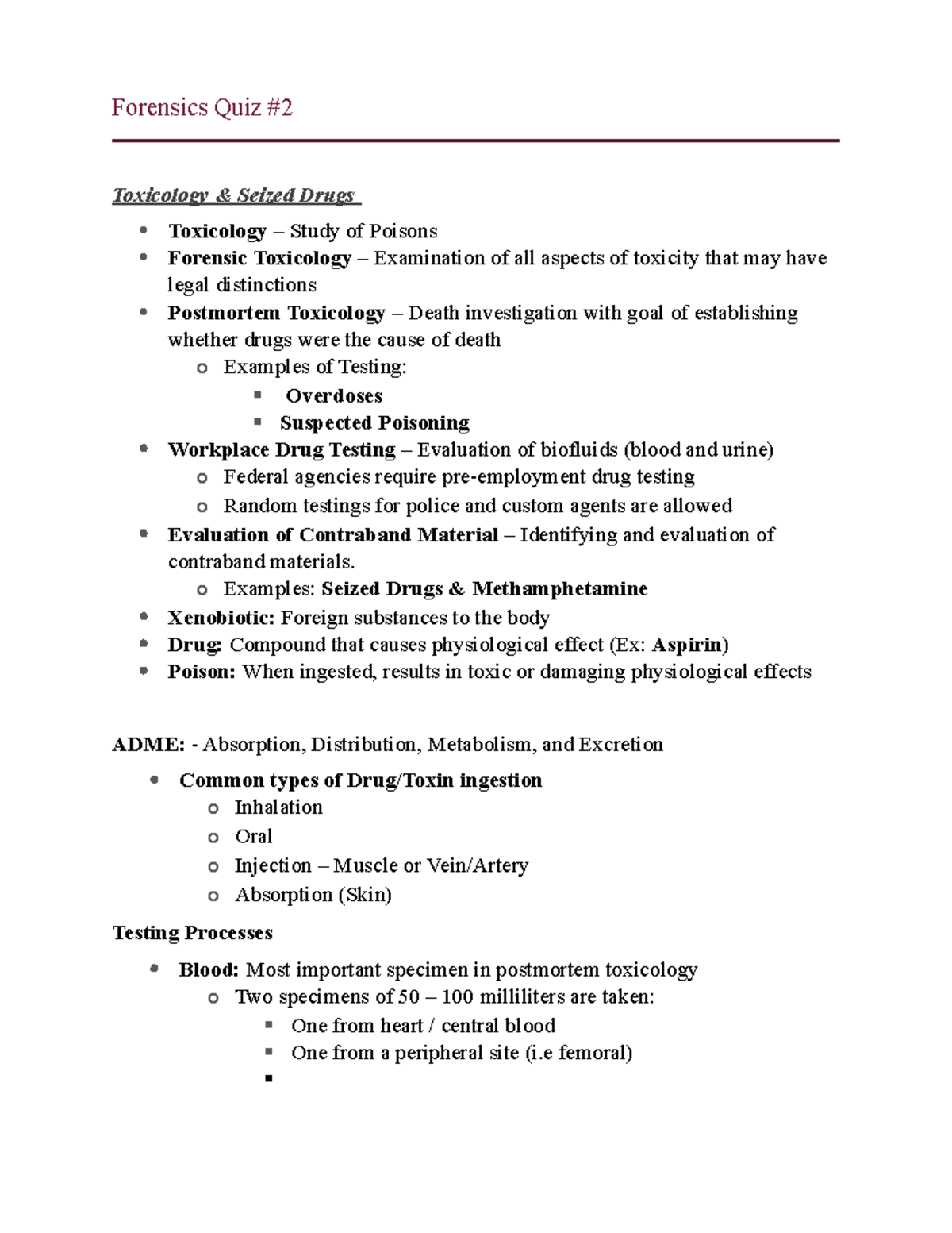 Forensics Quiz 2 - Lecture notes 5 - Forensics Quiz Toxicology & Seized ...