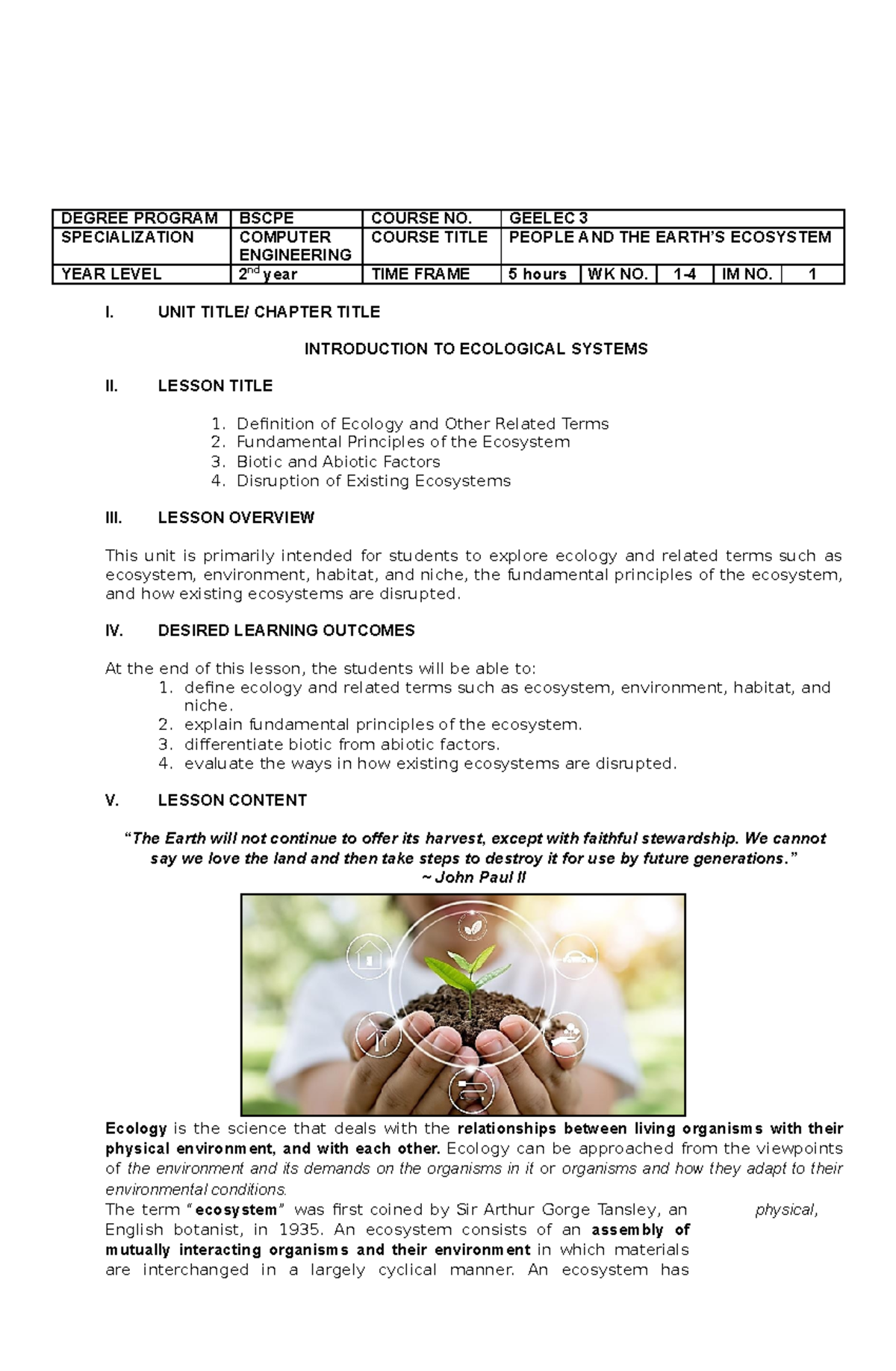 Chapter 1- Introduction TO Ecological Systems - DEGREE PROGRAM BSCPE COURSE NO. GEELEC 3 - Studocu