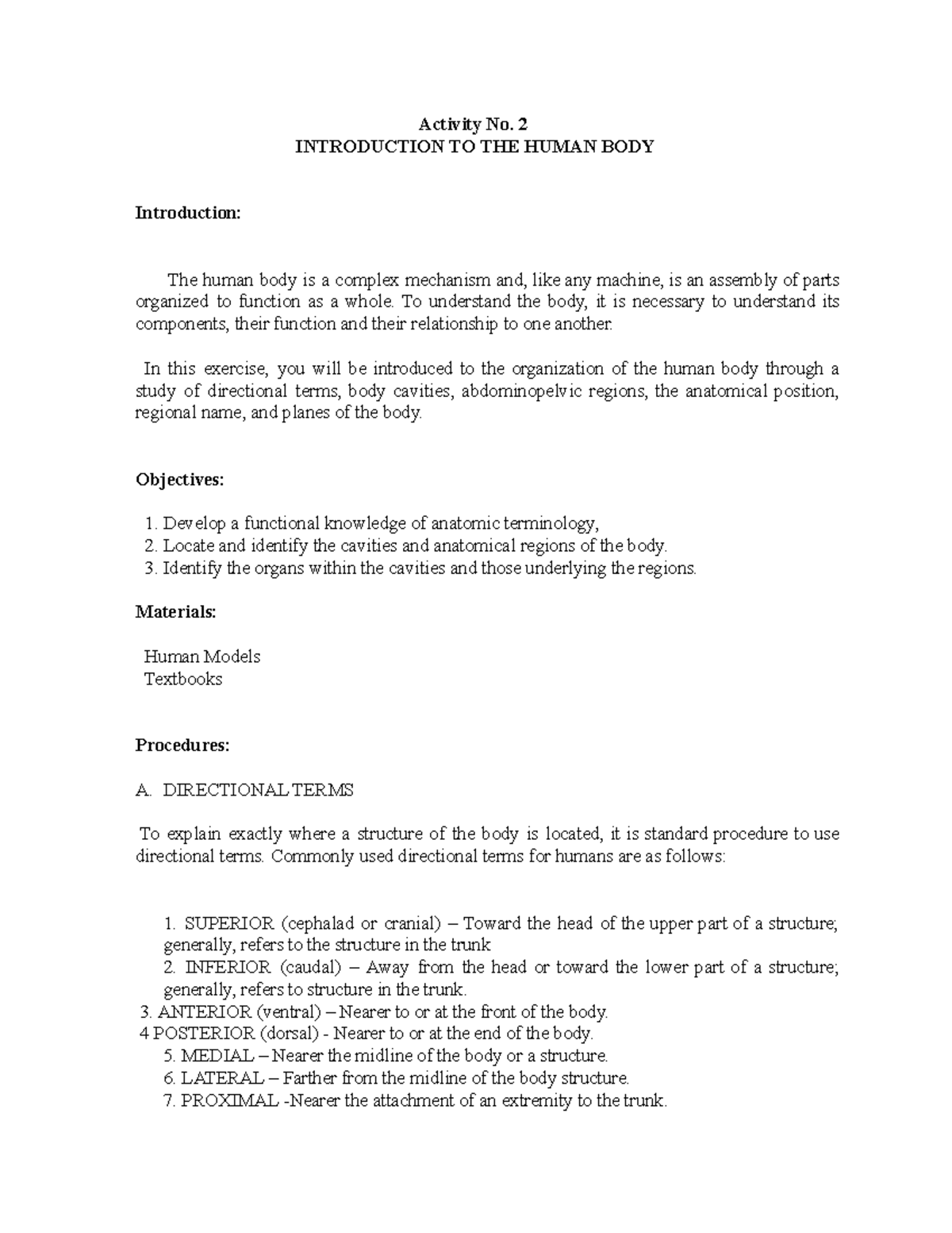 Introduction to the Human body - Activity No. 2 INTRODUCTION TO THE ...