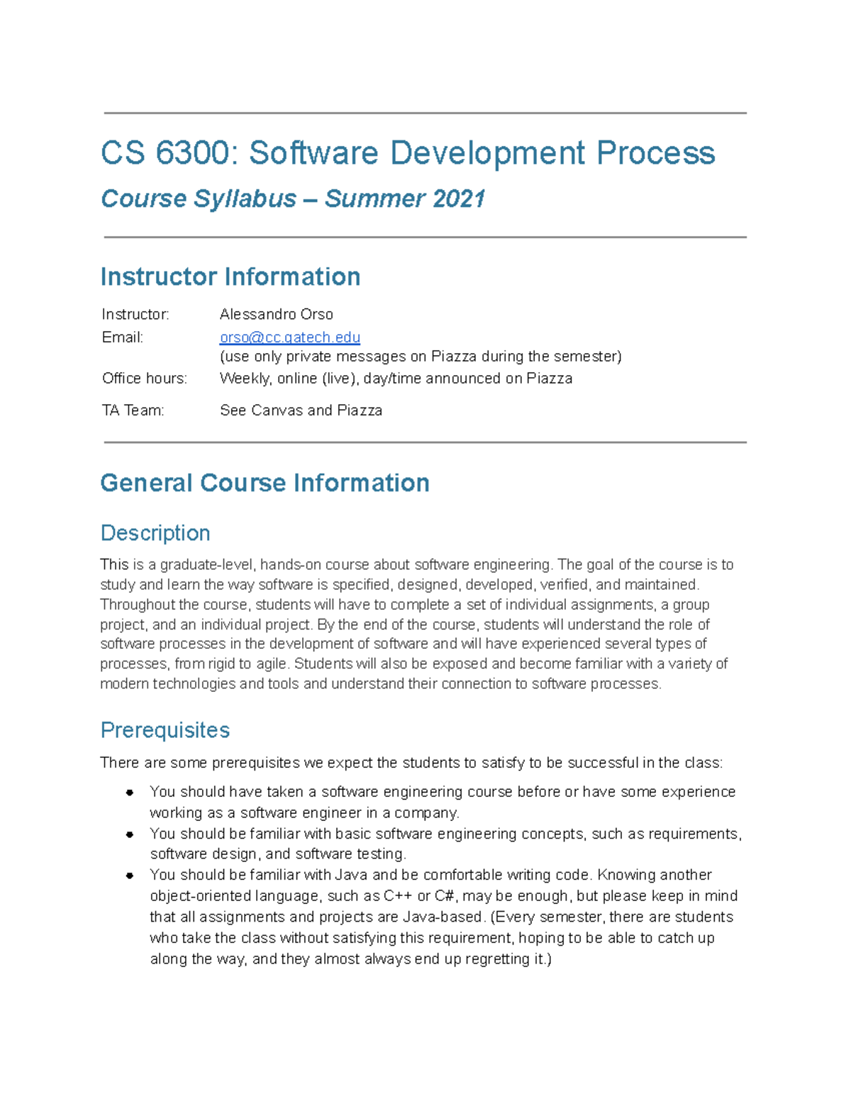 Syllabus (Summer 2021) - CS 6300: Software Development Process Course Syllabus – Summer 2021 ...