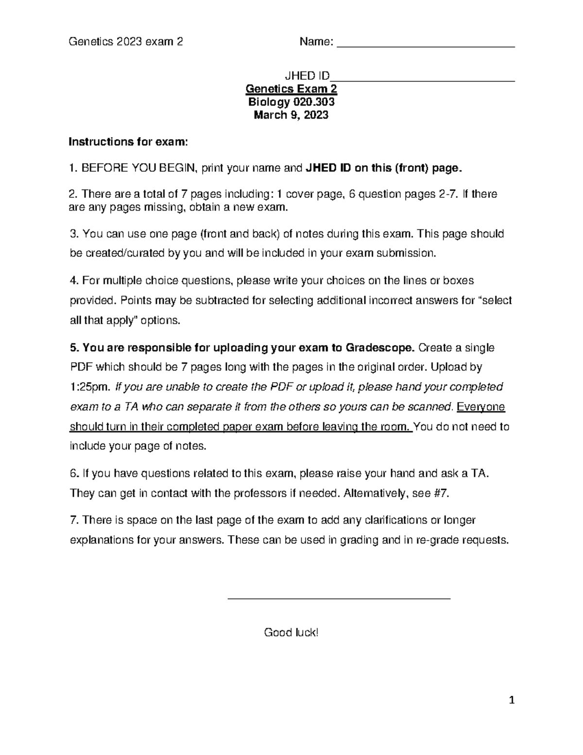 Exam 2 Genetics 2023 KEY - JHED ID ...