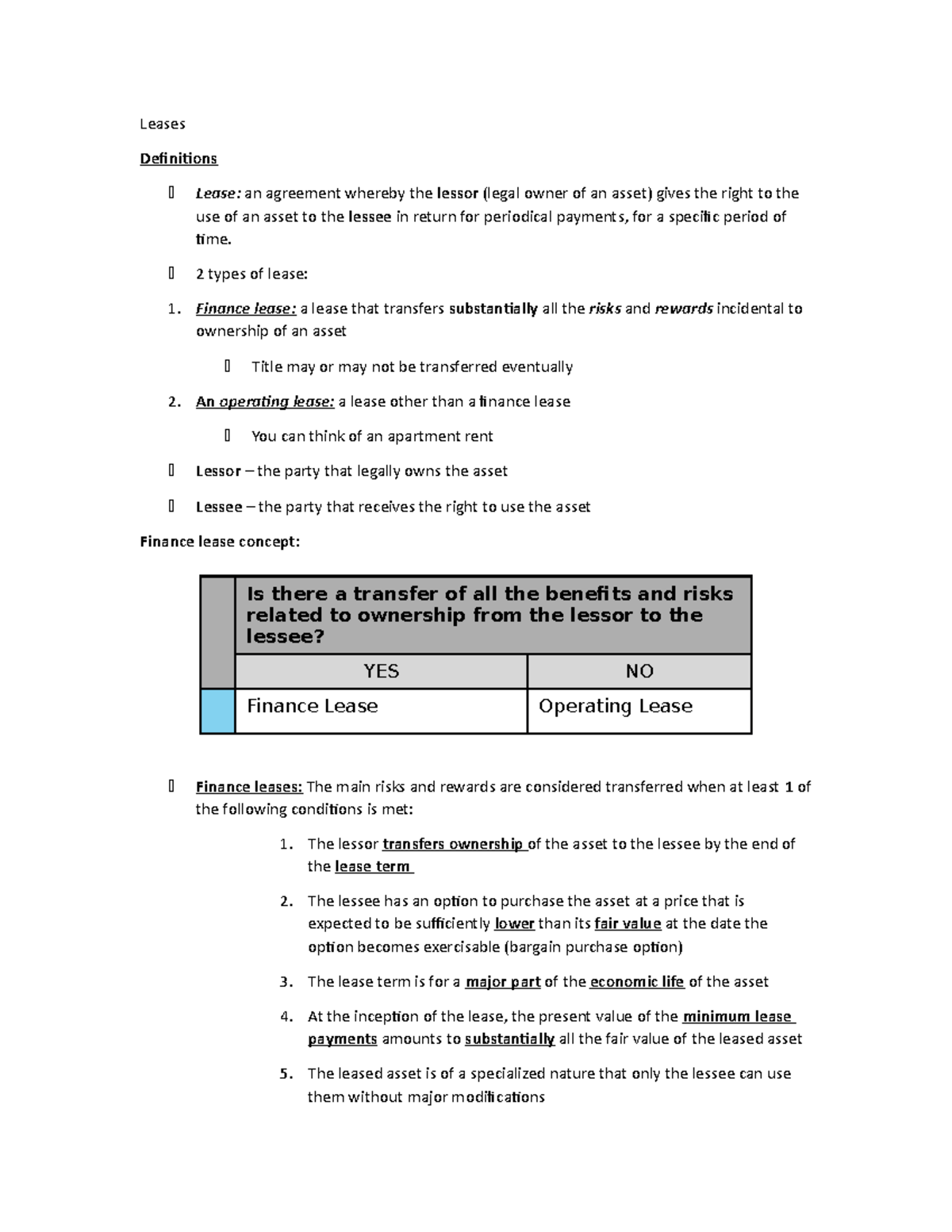 Feuille de note pour final - Leases Definitions Lease: an agreement ...