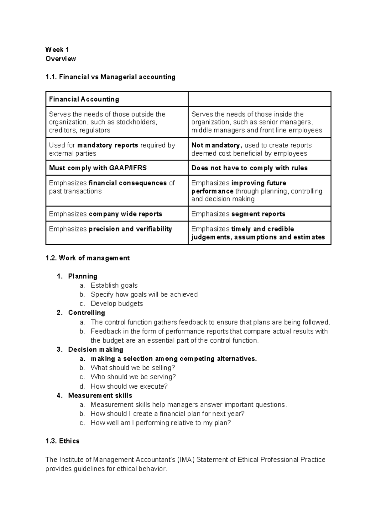 Managerial accounting notes - Week 1 Overview Financial vs Managerial ...