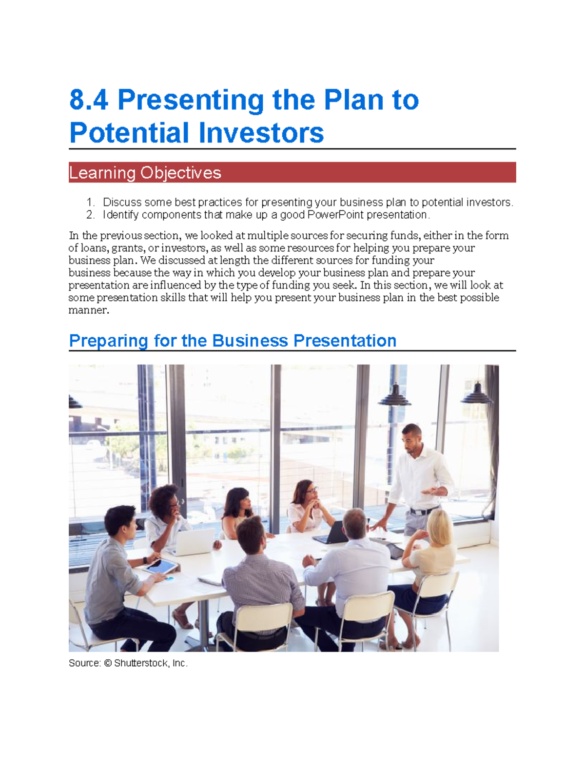 8.4 Presenting the Plan to Potential Investors - 8 Presenting the Plan ...