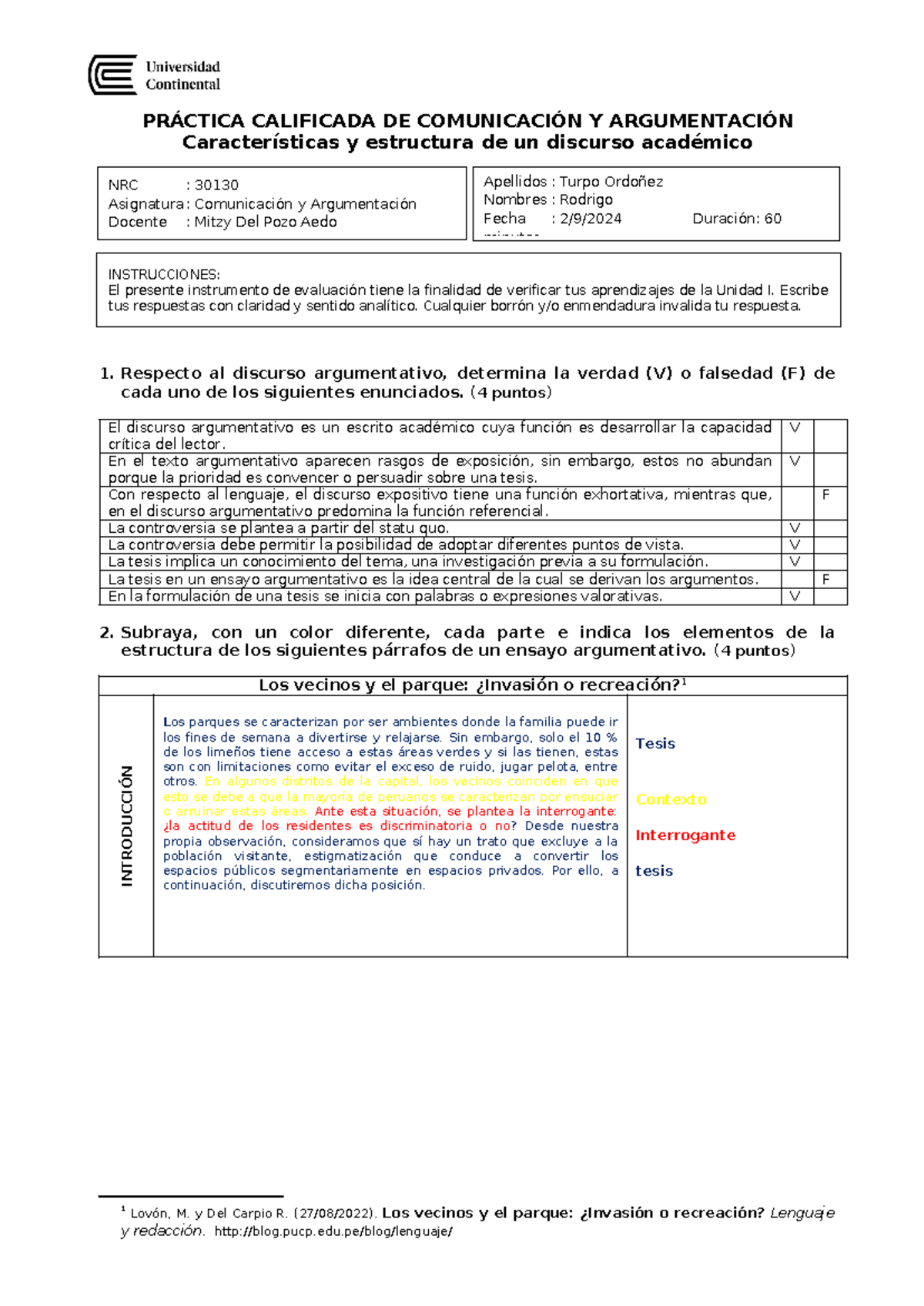 Pr ctica Calificada 01 mac - PRÁCTICA CALIFICADA DE COMUNICACIÓN Y ARGUMENTACIÓN Características ...