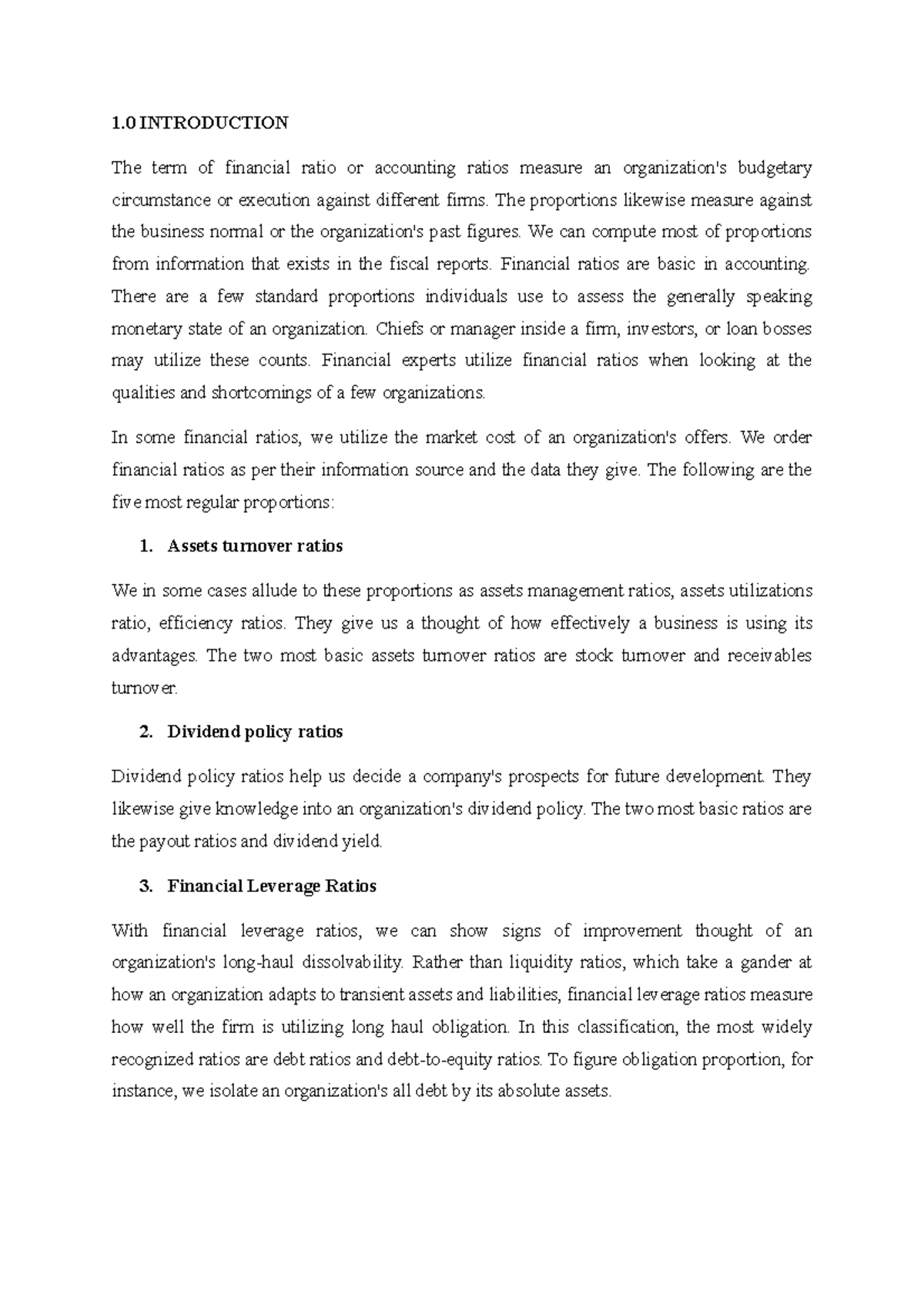 Assignment FM - ####### 1 INTRODUCTION The term of financial ratio or ...