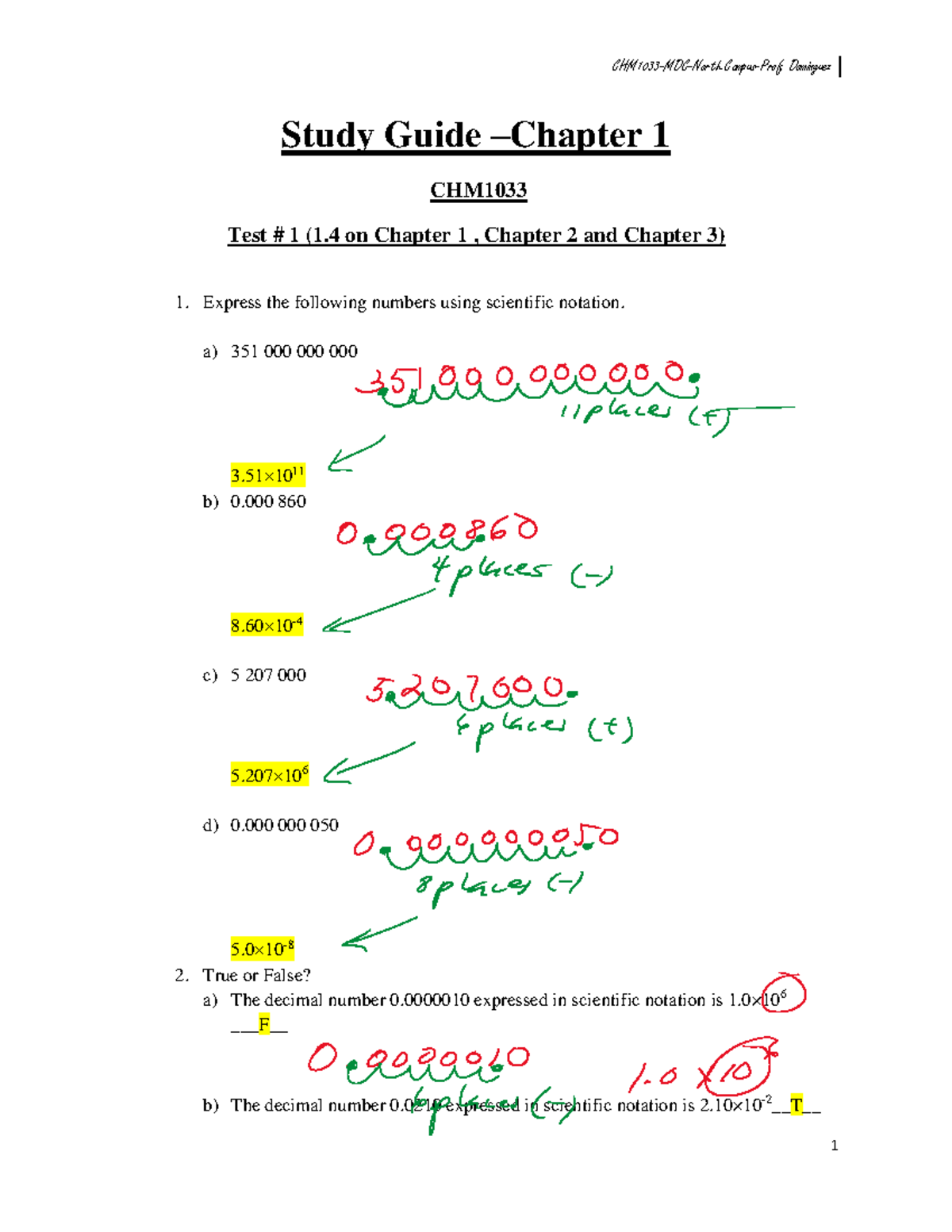 Study Guide#1 - Professor name: Giselle Dominguez - CHM1033-MDC-North ...