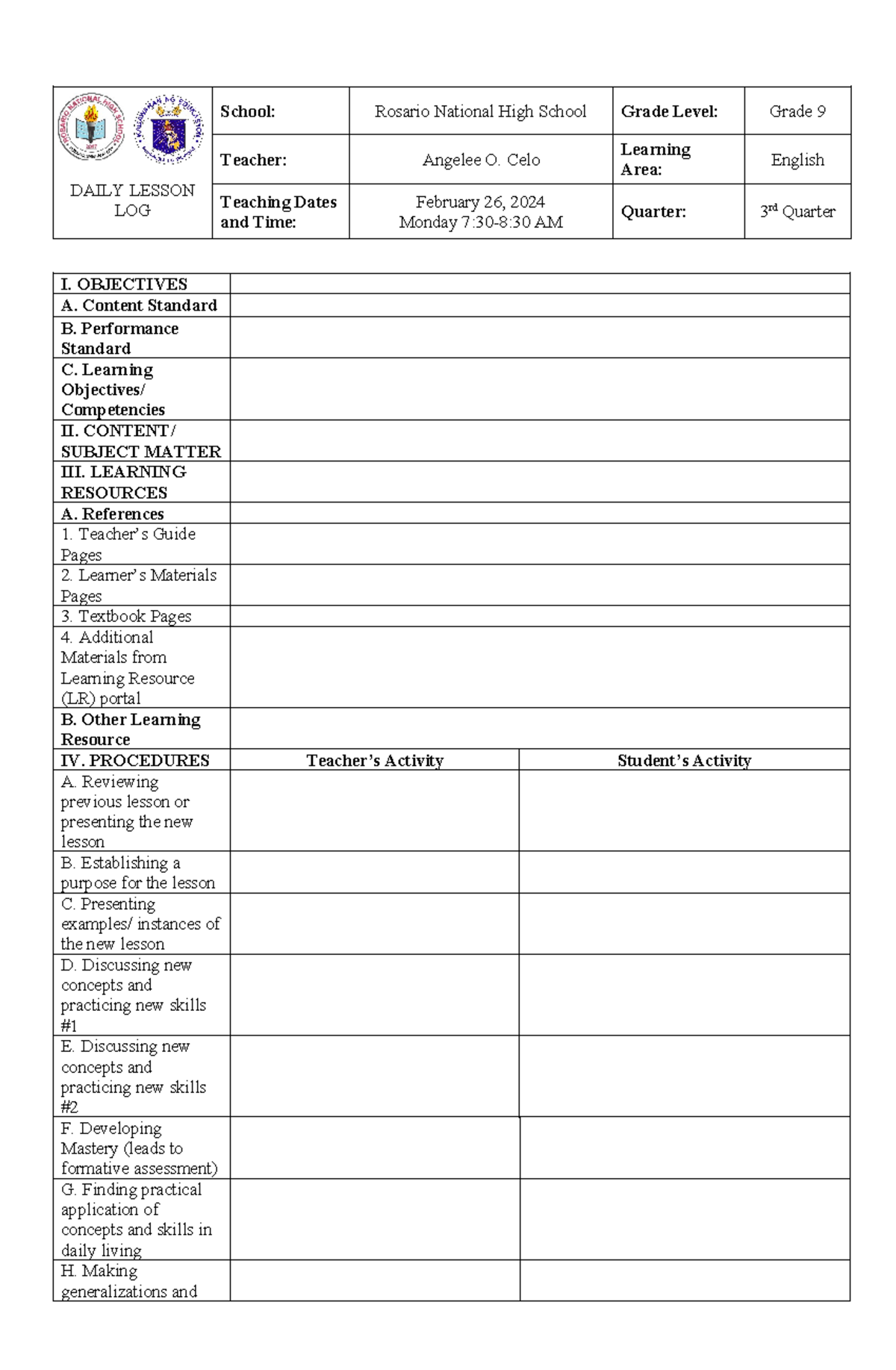 DLL- Format - Detailed lesson log - DAILY LESSON LOG School: Rosario ...