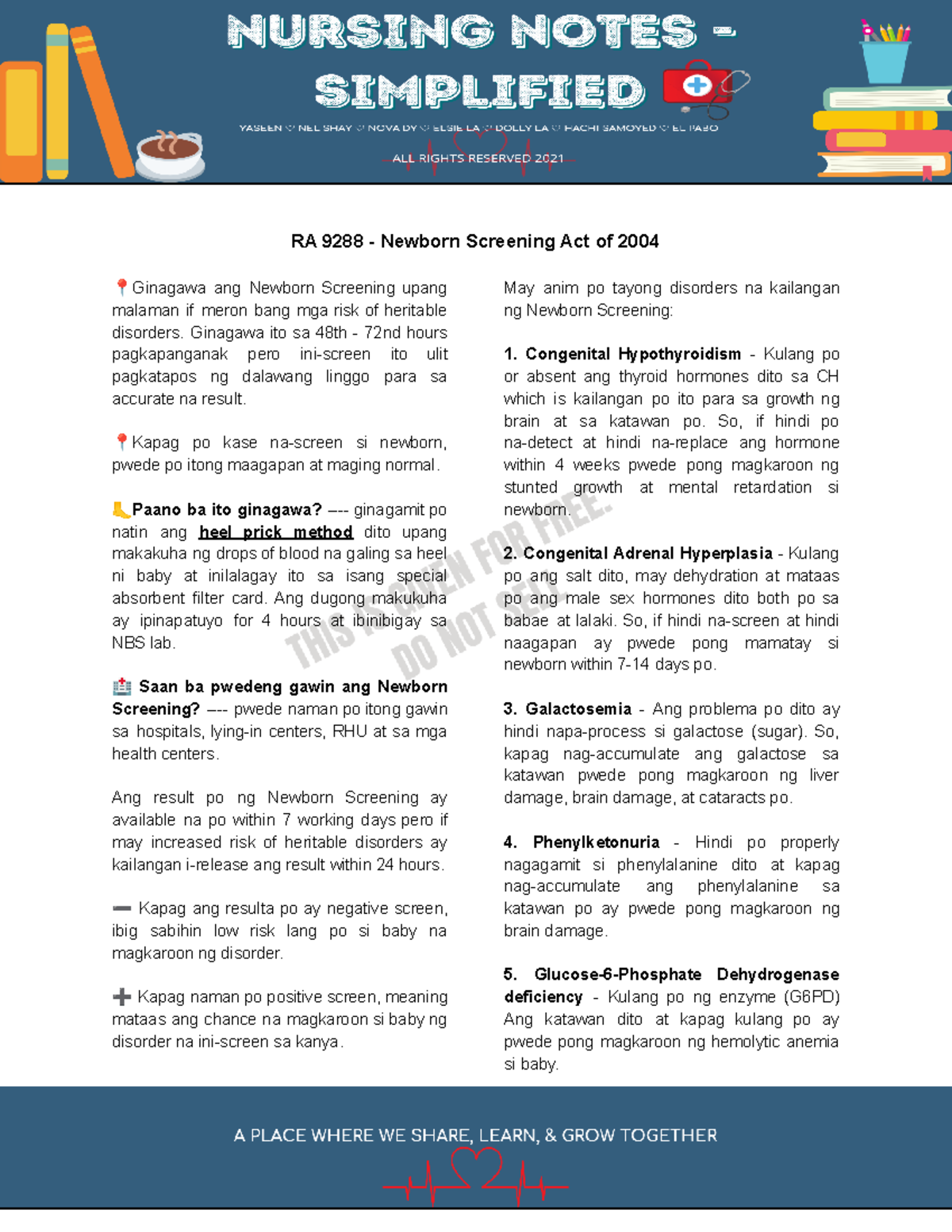 Newborn Screening - notes - RA 9288 - Newborn Screening Act of 2004 📍 ...