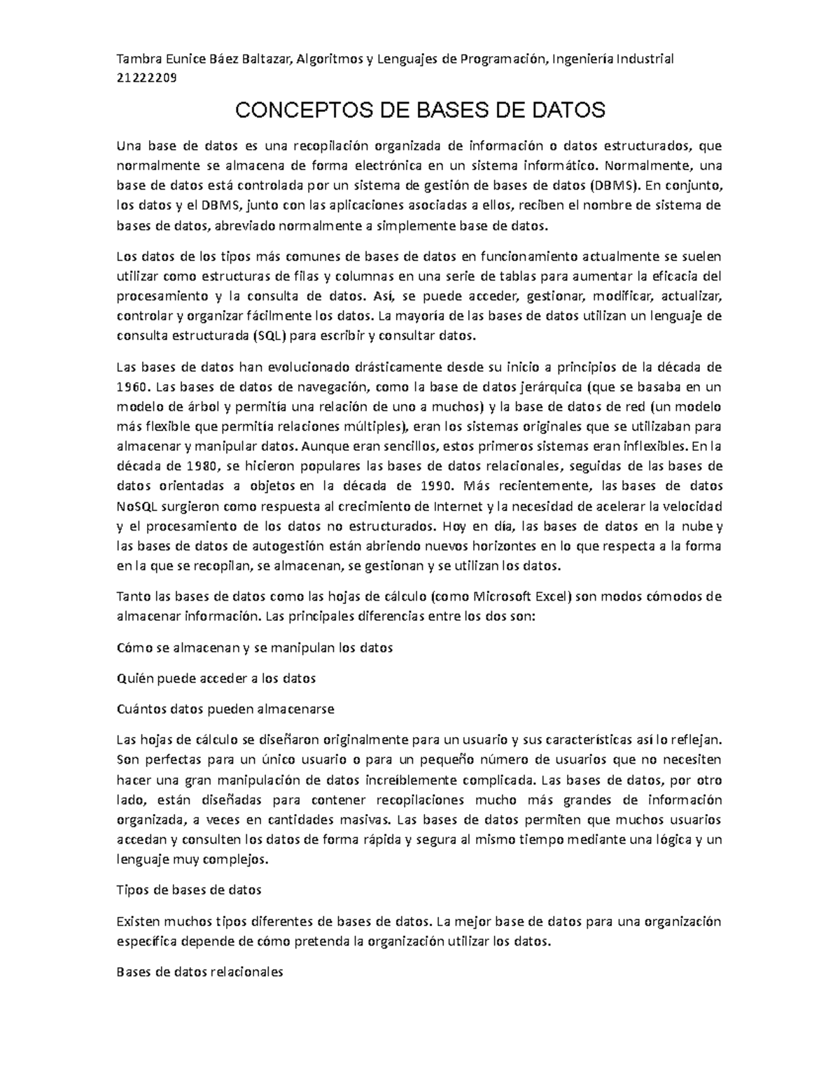 Conceptos DE Bases DE Datos - Tambra Eunice Báez Baltazar, Algoritmos y Lenguajes de ...