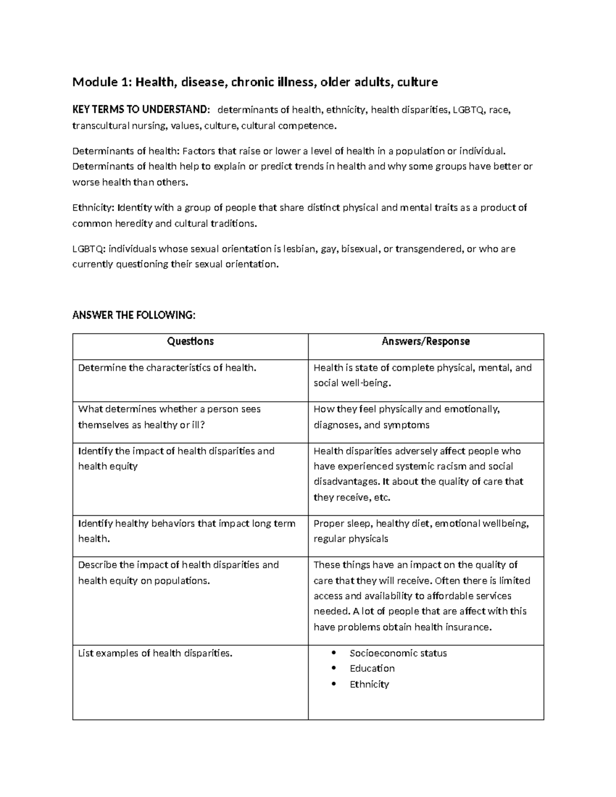 AHT 1 Module 1 Study Guide - Module 1: Health, disease, chronic illness ...