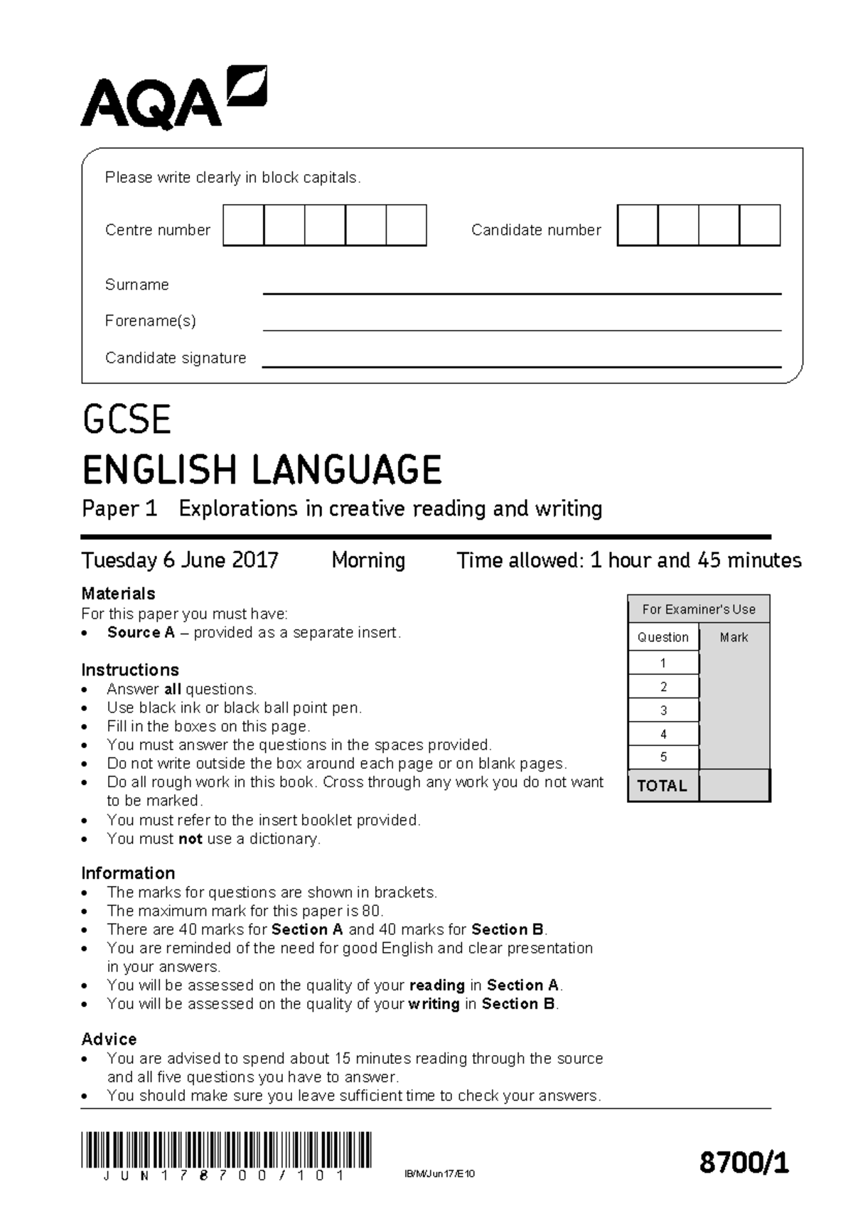 AQA GCSE English Language June 2017 Paper 1 - Jun178700/101 IB/M/Jun17 ...