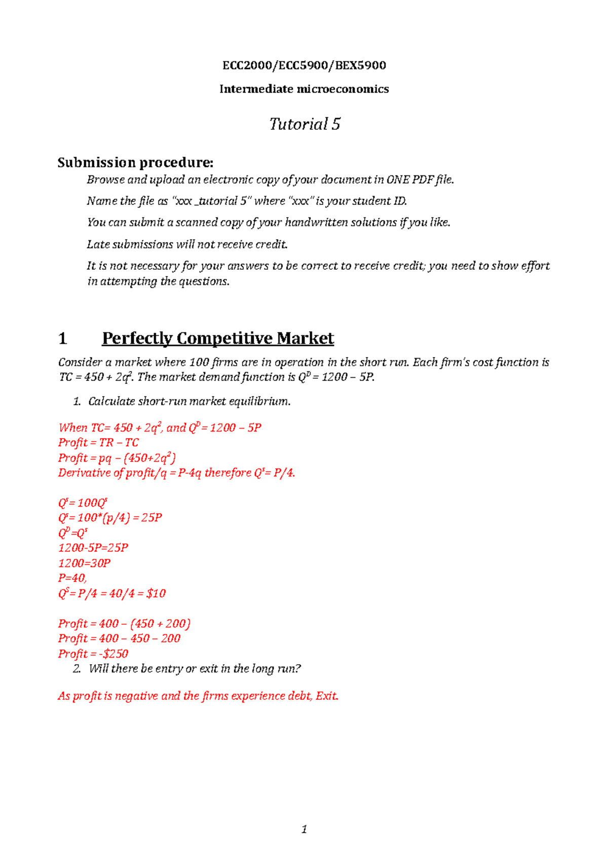 32624617 tutorial 5 - ECC2000/ECC5900/BEX Intermediate microeconomics Tutorial 5 Submission ...