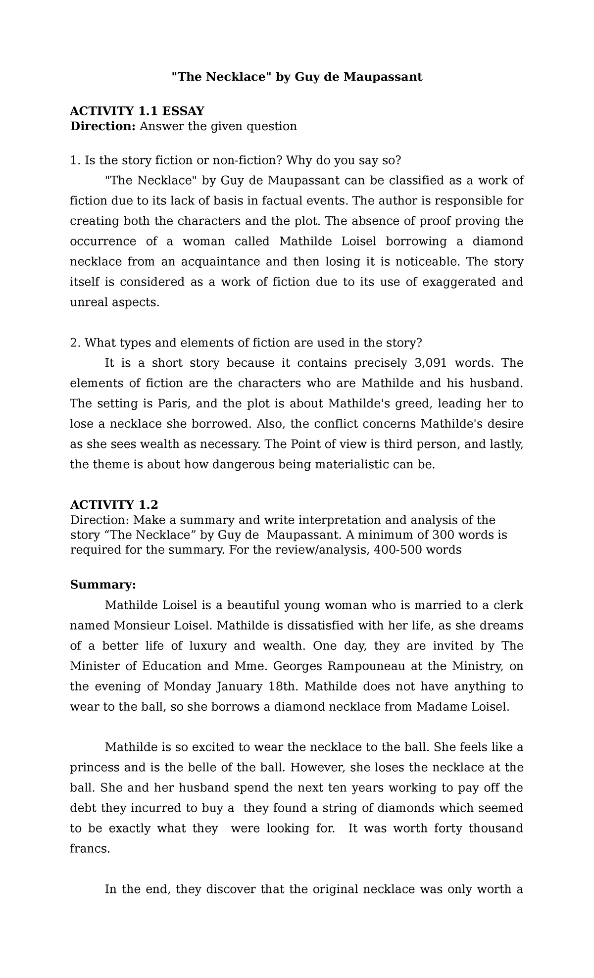 The Necklace - "The Necklace" by Guy de Maupassant ACTIVITY 1 ESSAY ...