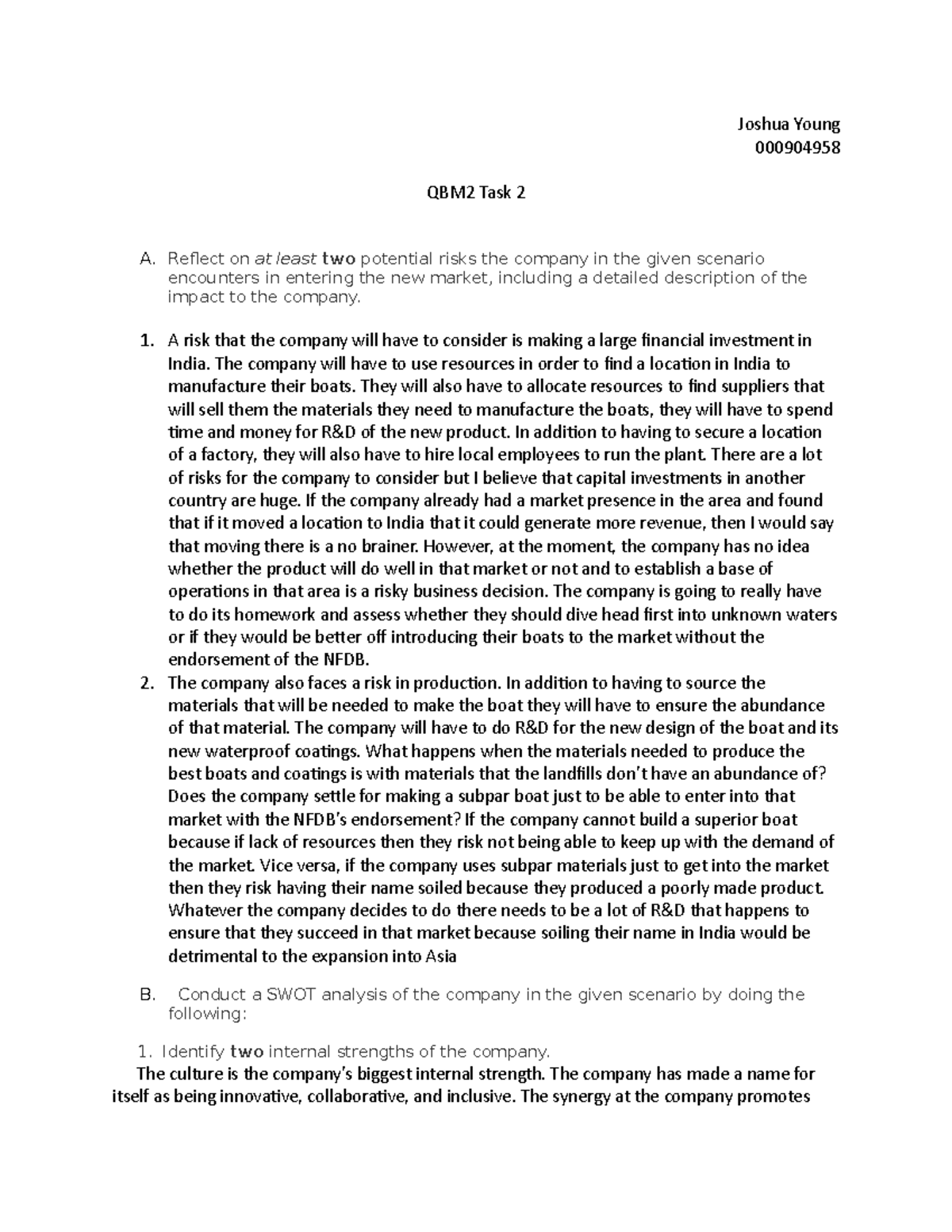 QBM2 Task 2 - task 2 - Joshua Young 000904958 QBM2 Task 2 A. Reflect on ...