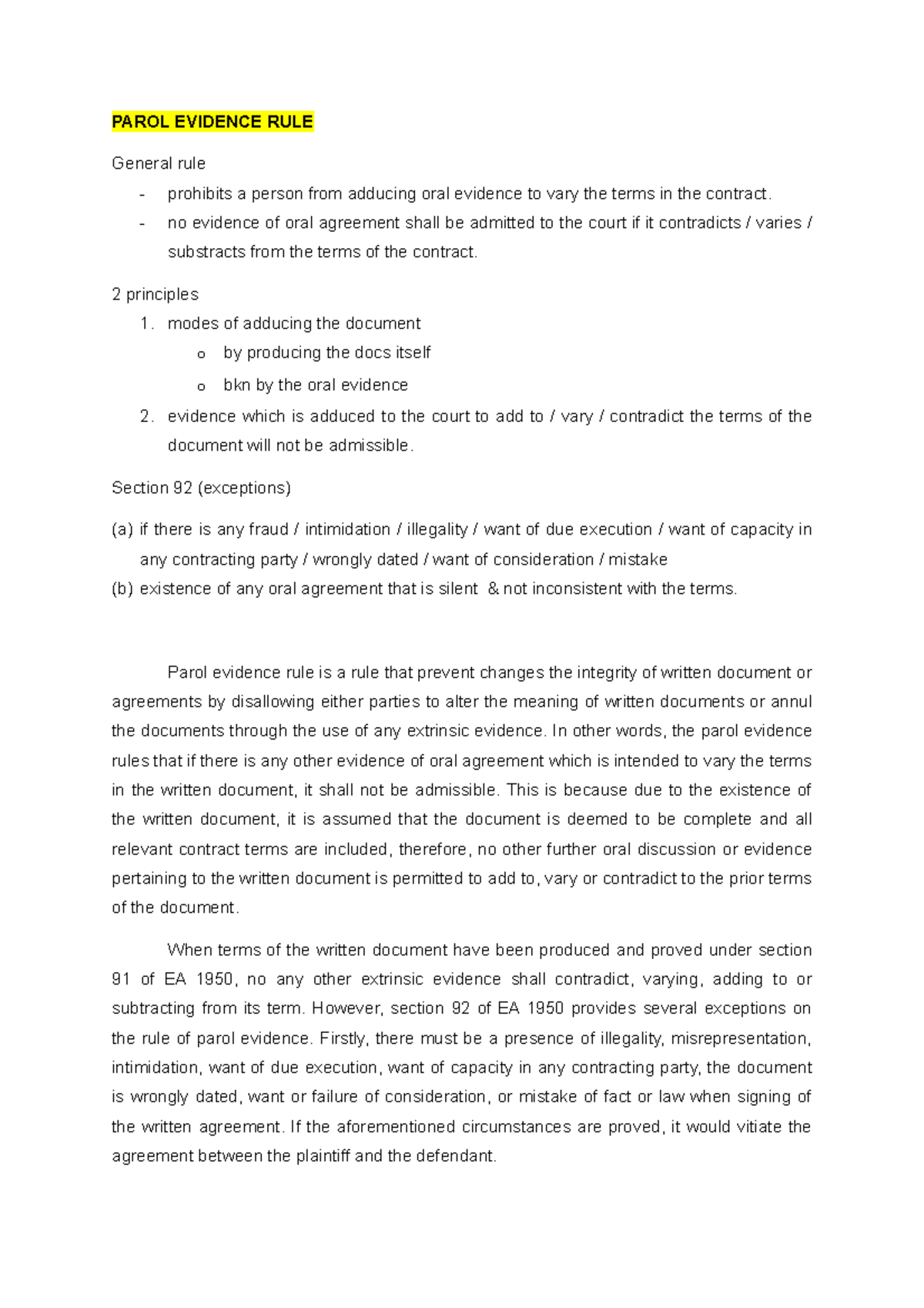 Parol Evidence Rule notes - PAROL EVIDENCE RULE General rule ...