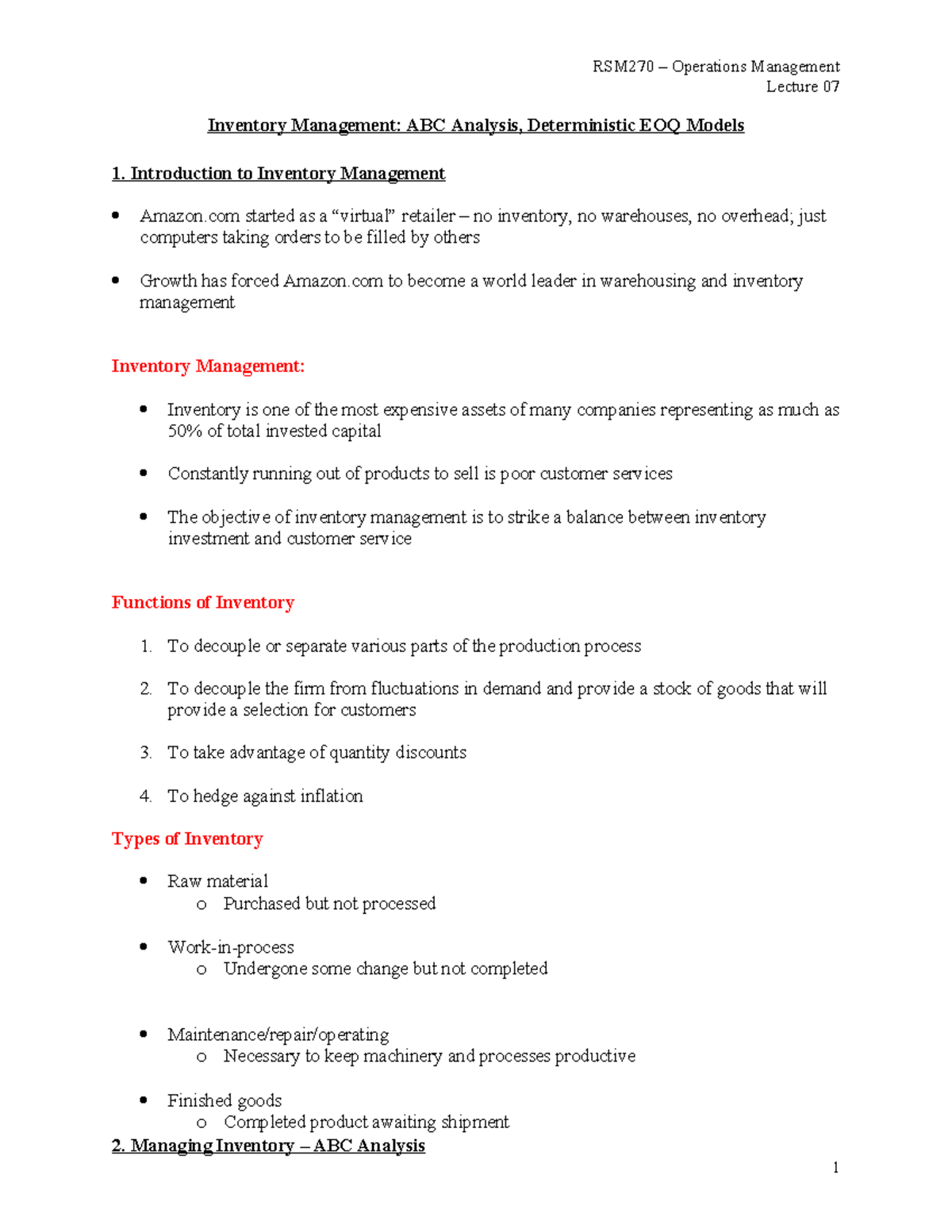 07Lecture-inventory - RSM270 – Operations Management Lecture 07 Inventory Management: ABC ...