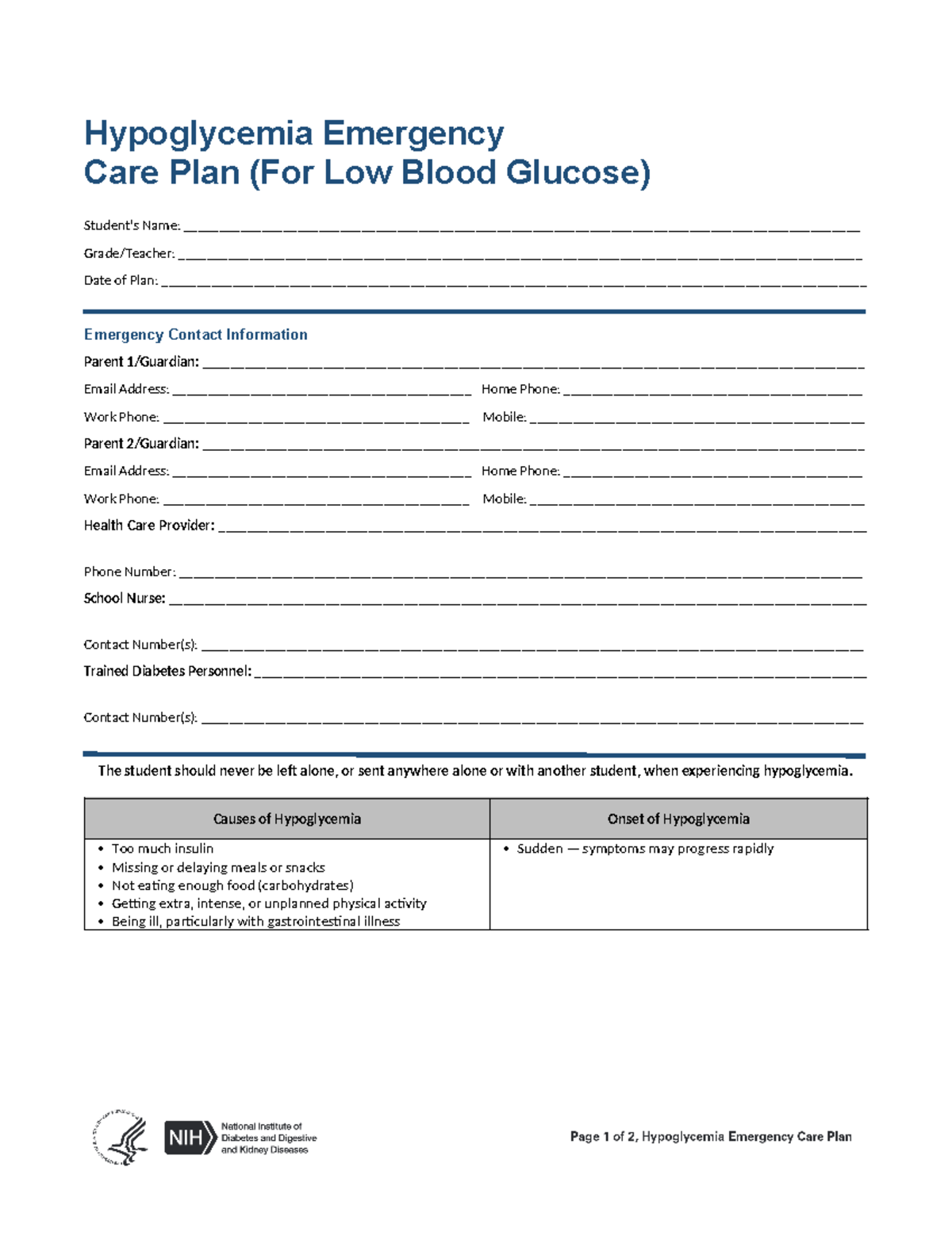 Hypoglycemia Emergency Care Plan - Hypoglycemia Emergency Care Plan ...